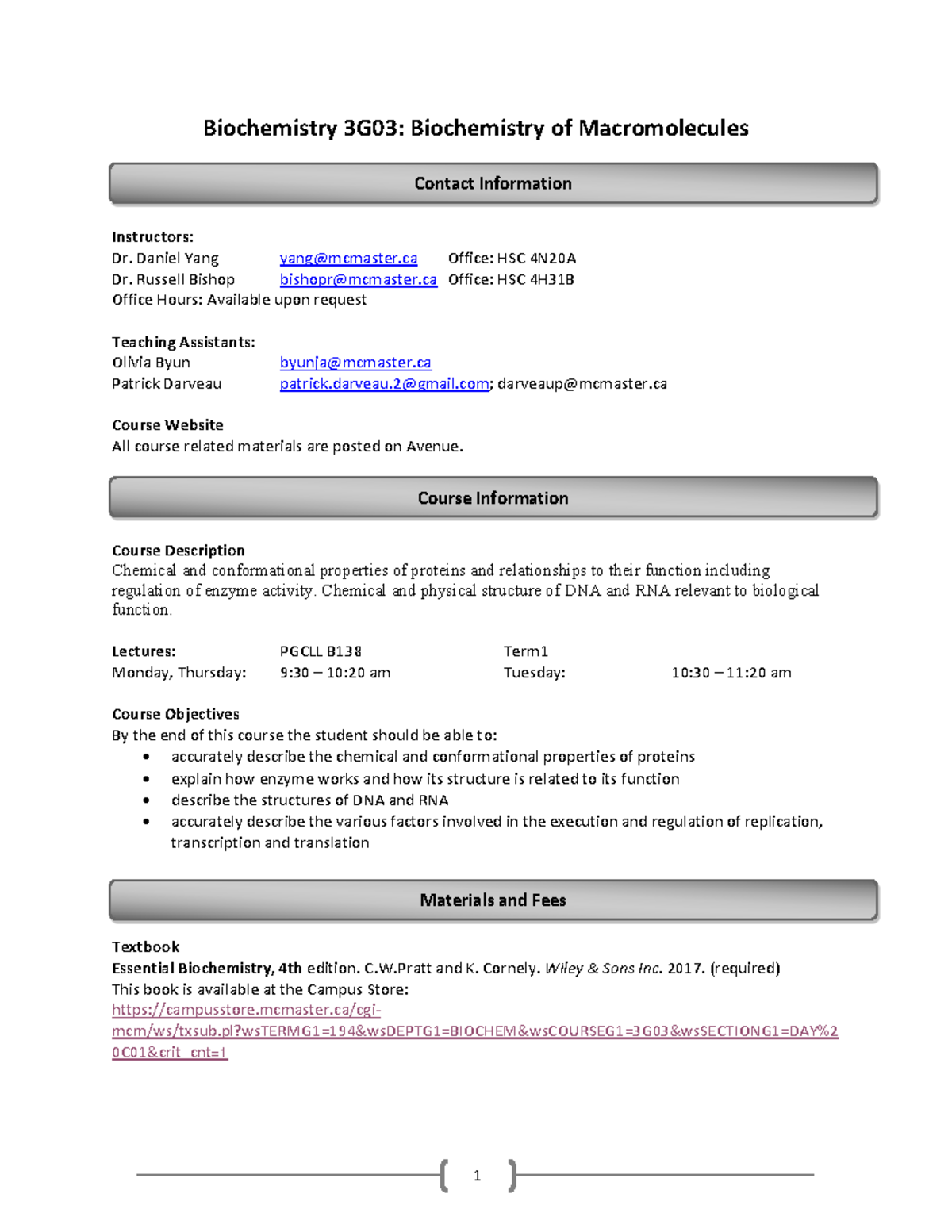 Biochem 3G03 2019 Outline v2 - Warning: TT: undefined function: 32 ...