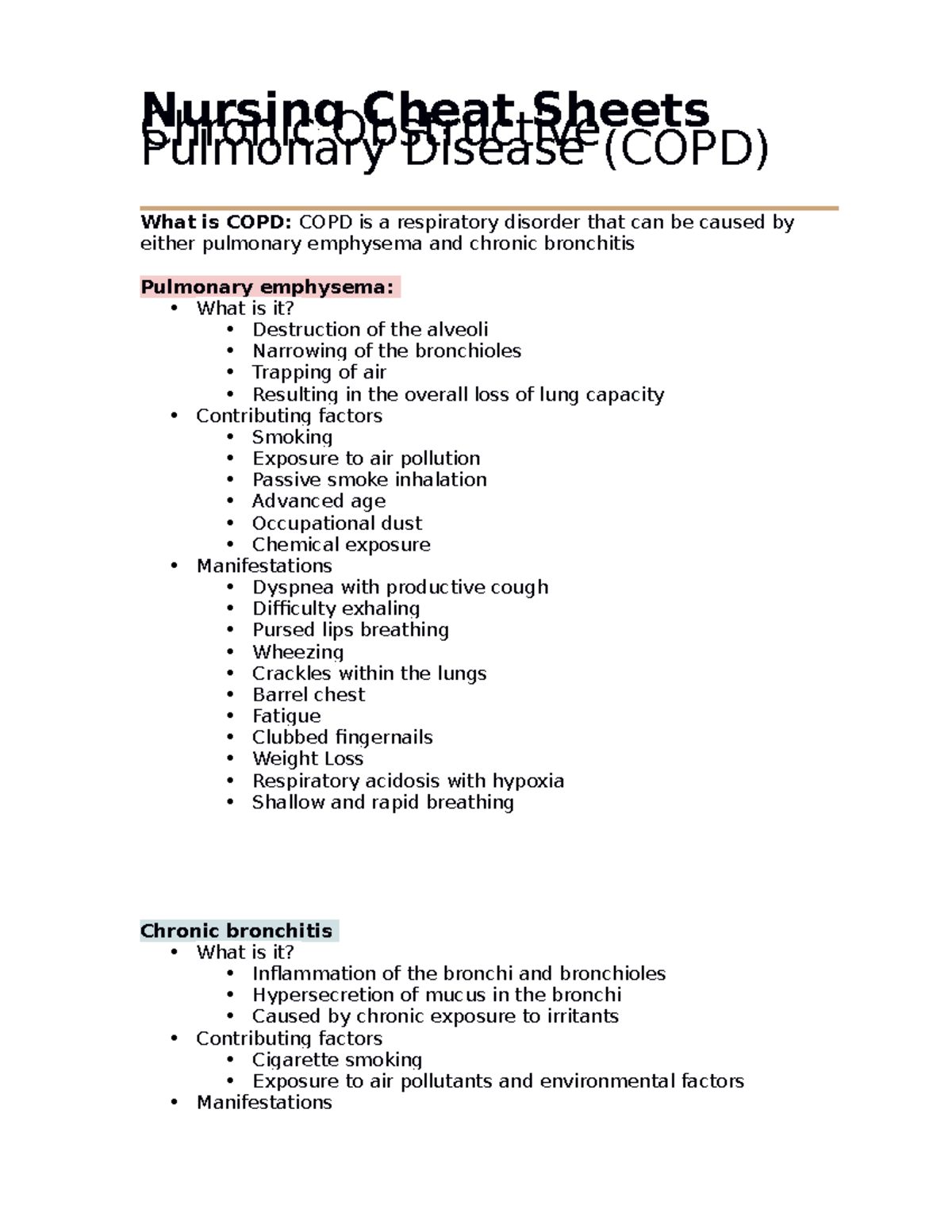 COPD - Nursing cheat sheets: COPD, quick information to know at all ...