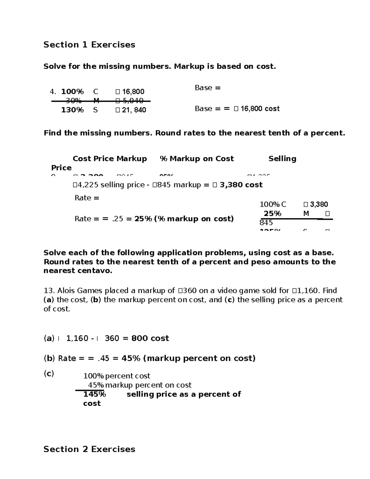 Chapter 8- Exercises - Activity - Section 1 Exercises Solve for the missing numbers. Markup is ...