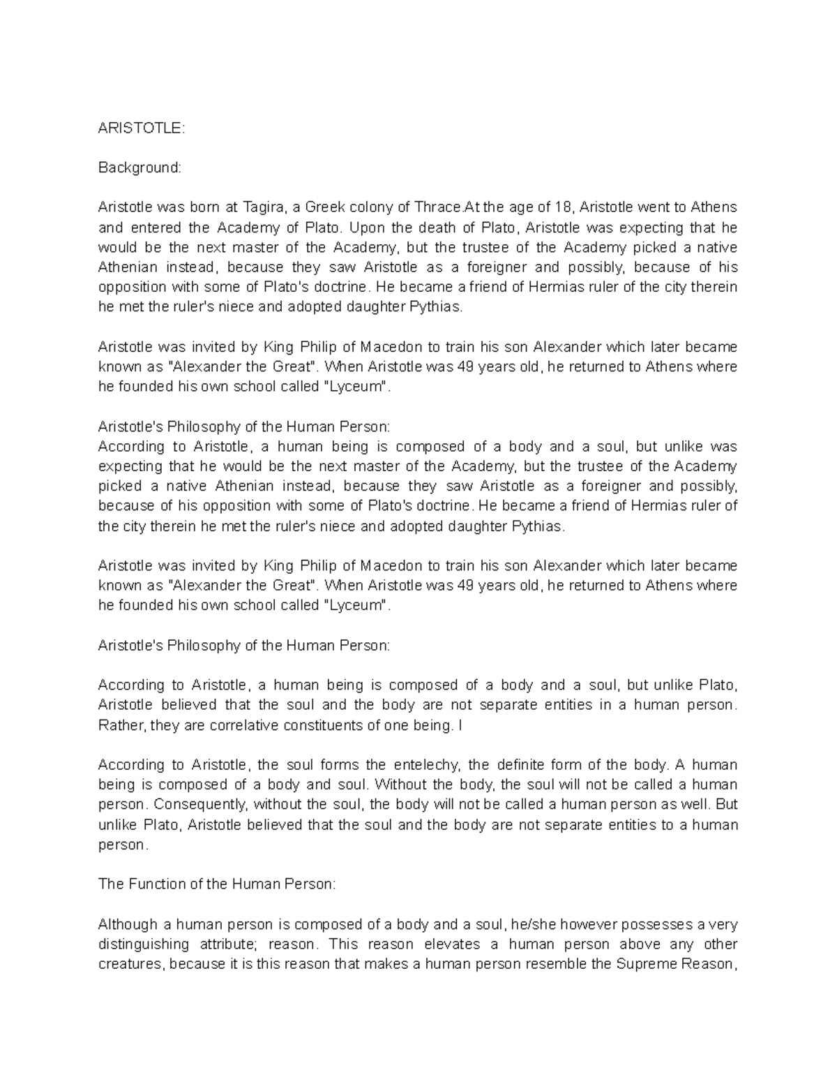 Aristotle fourth meet lesson - ARISTOTLE: Background: Aristotle was ...