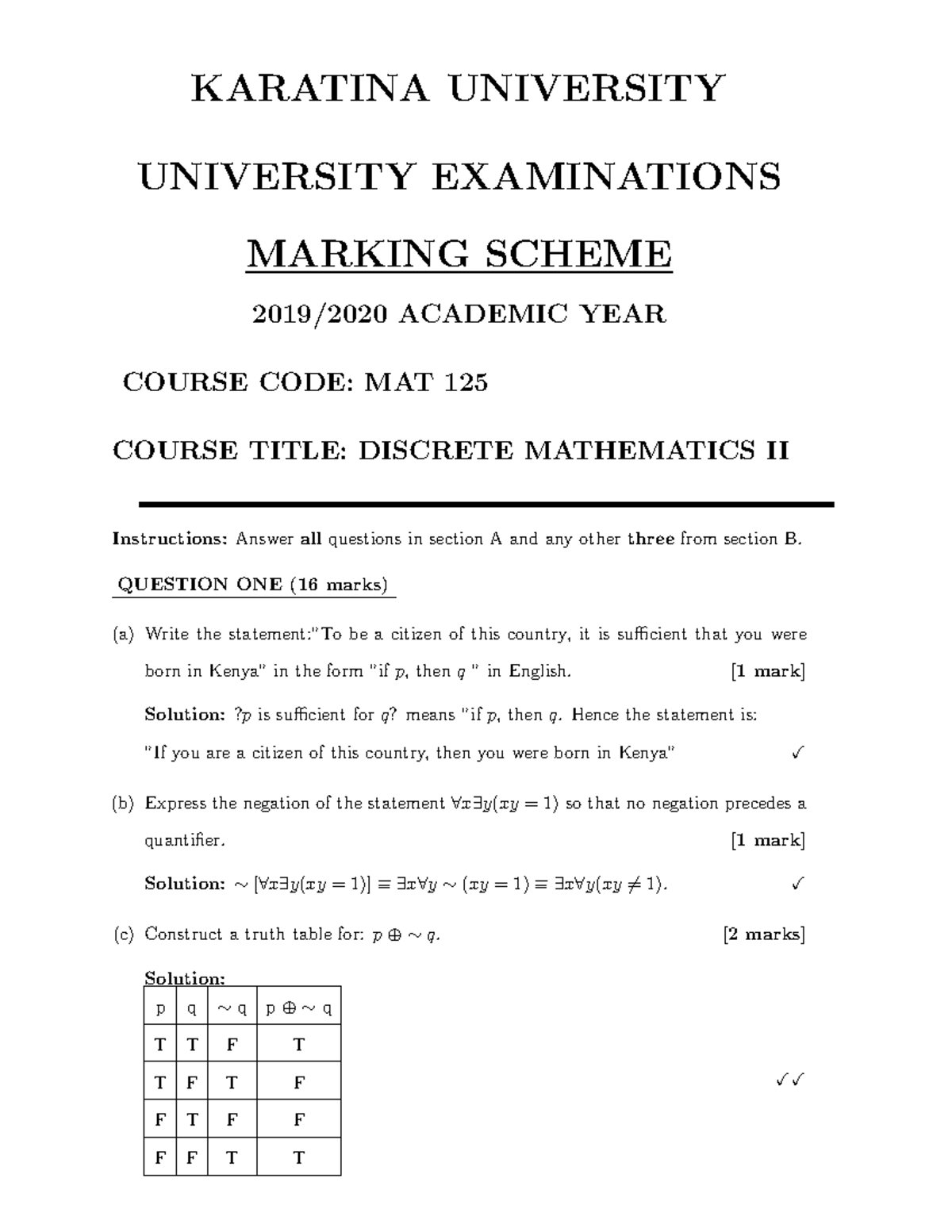 MAT 125 SEM 2 2019 2020 EXAM Marking Scheme - KARATINA UNIVERSITY ...