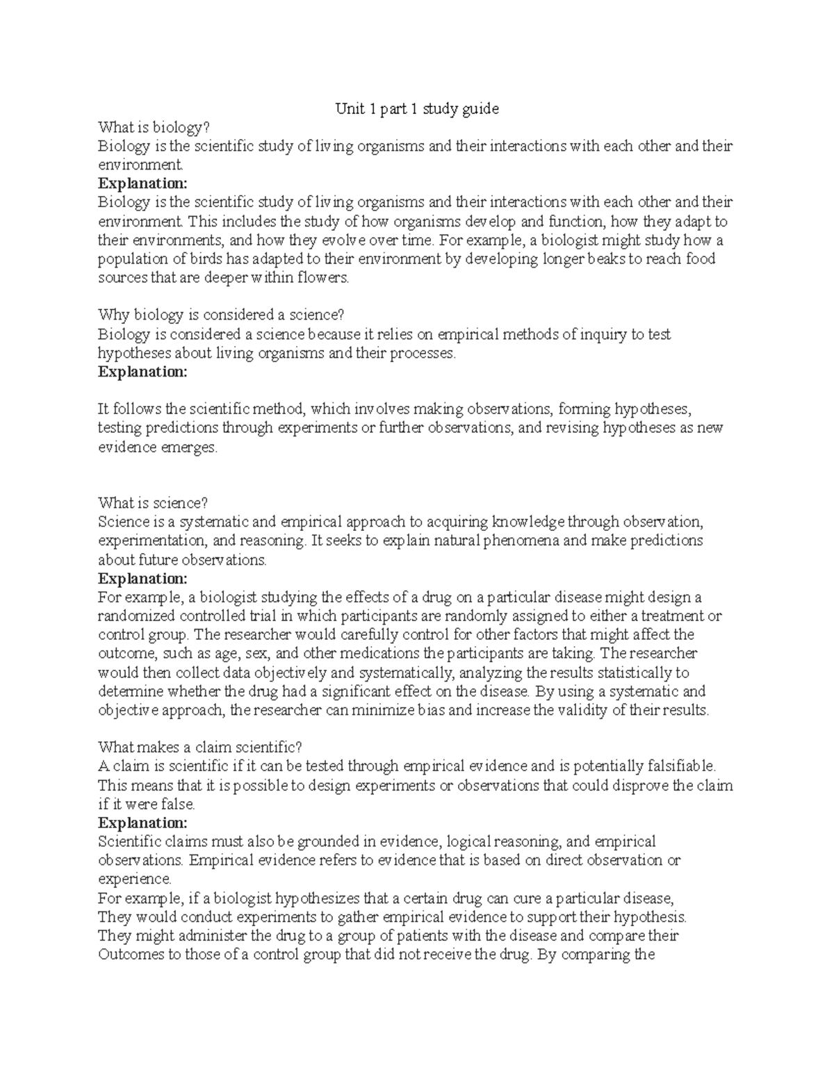 Unit 1 Part 1 Study Guide Unit 1 Part 1 Study Guide What Is Biology