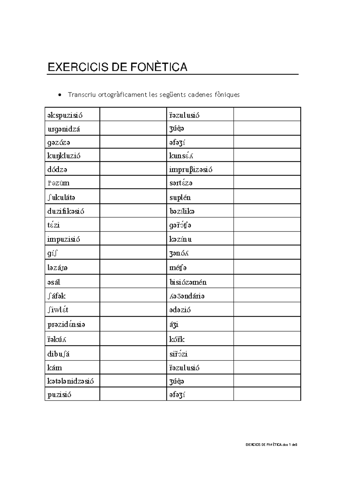 Exercicis de fonetica - EXERCICIS DE FONÈTICA Transcriu ortogràficament les següents cadenes ...