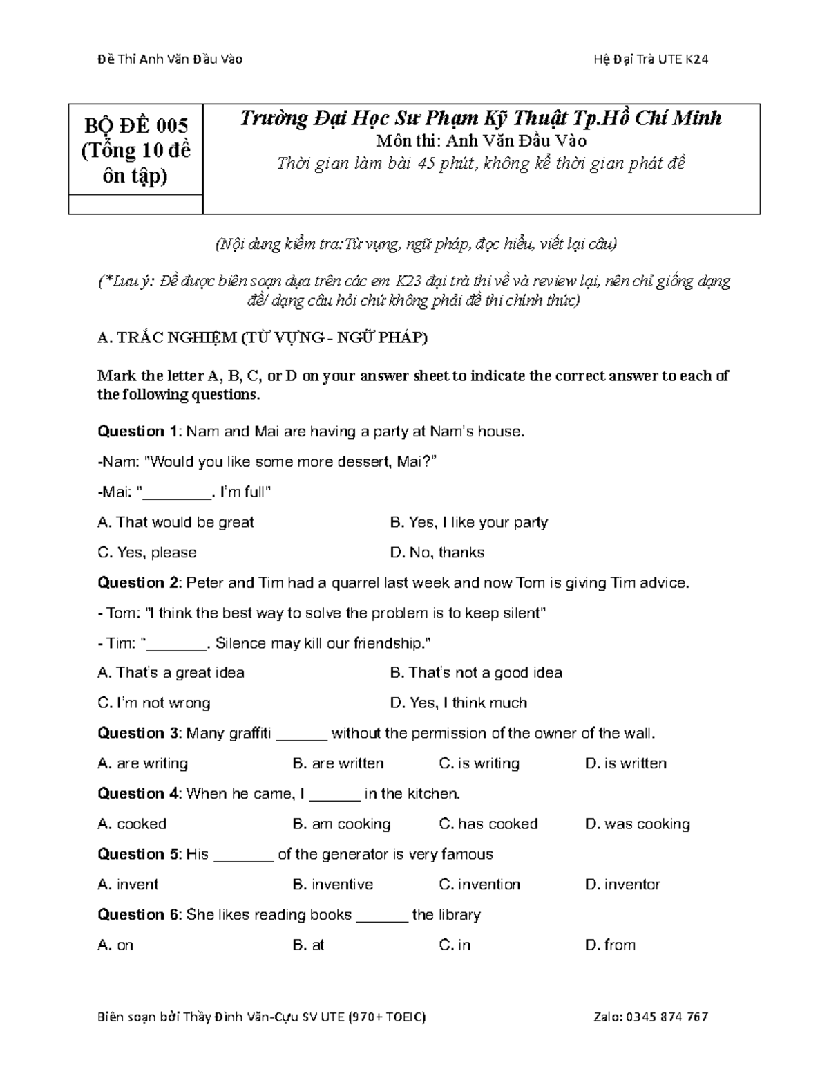 UTE Đề-2 - Tadv - (T BỘổng 10 ĐỀ 00 đ 5 ề ôn tập) Trường Đại Họ Mônc Sư ...