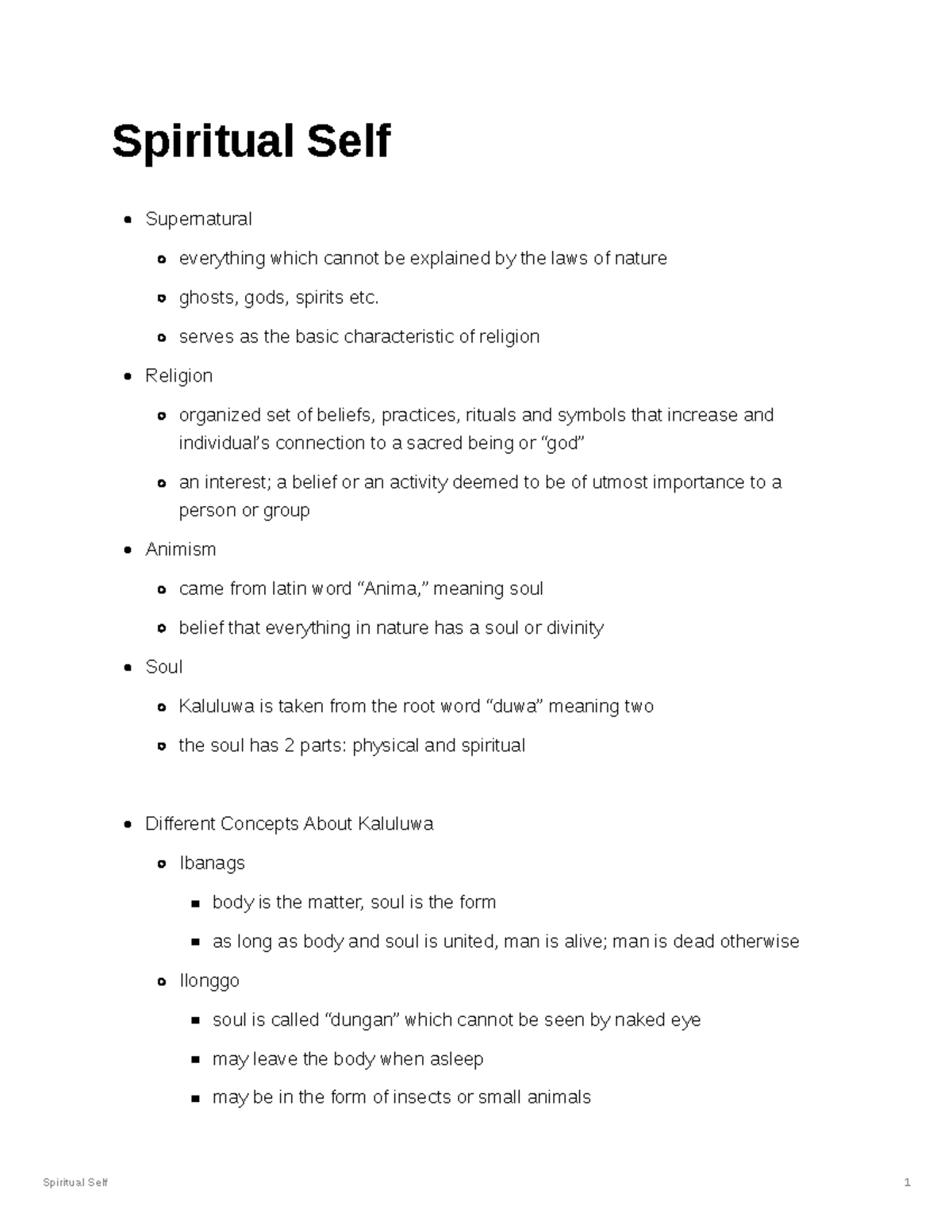 Spiritual Self - Notes - Spiritual Self 1 Spiritual Self Supernatural ...