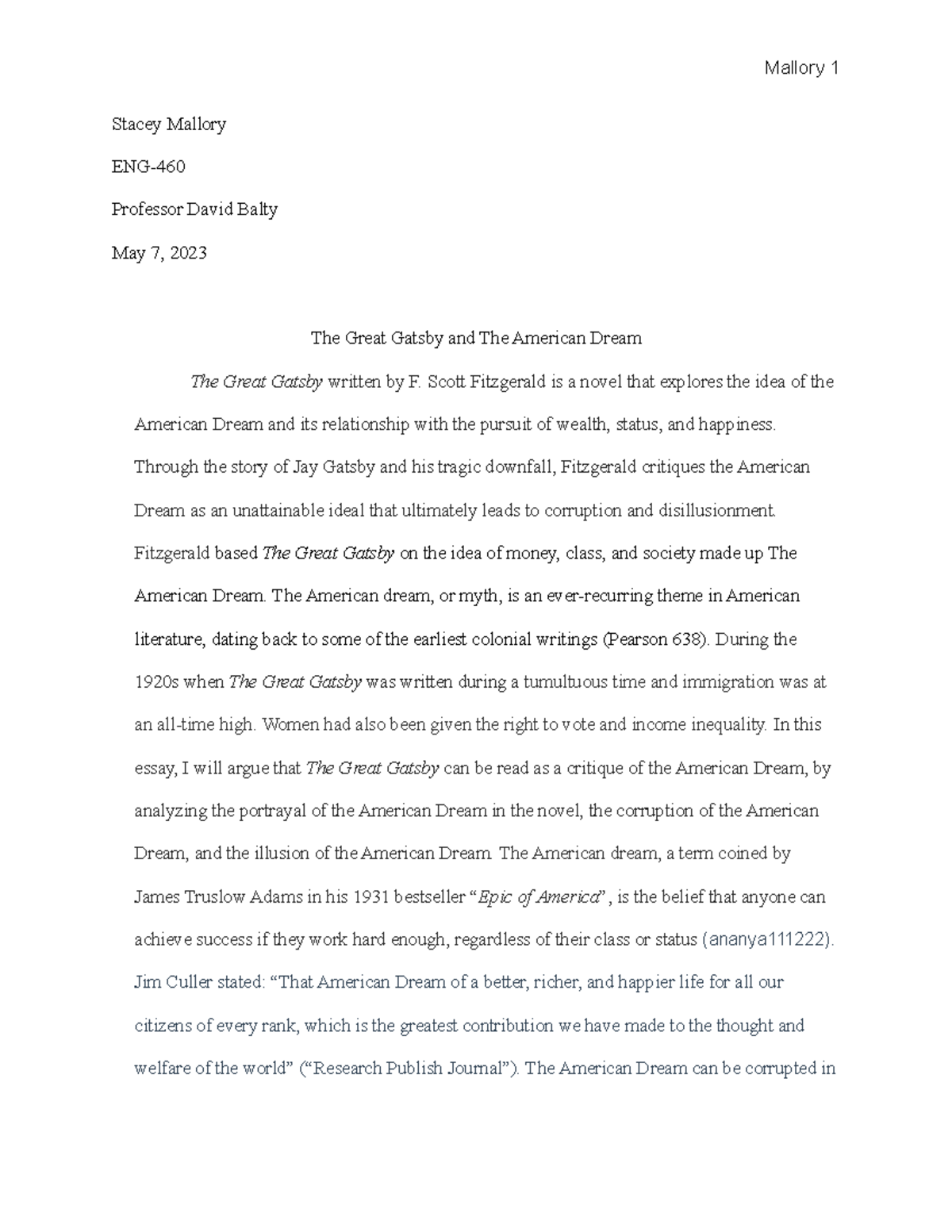 Gatsby-topic 7 essay - Stacey Mallory ENG- Professor David Balty May 7 ...