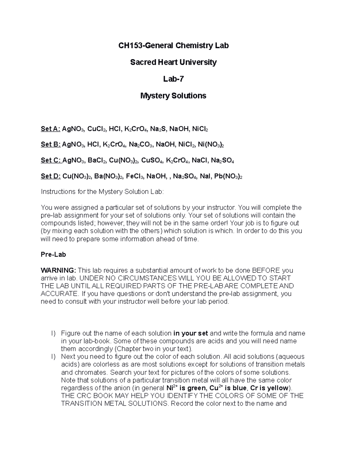 CH153Lab7 mystery 2023 - CH153-General Chemistry Lab Sacred Heart ...