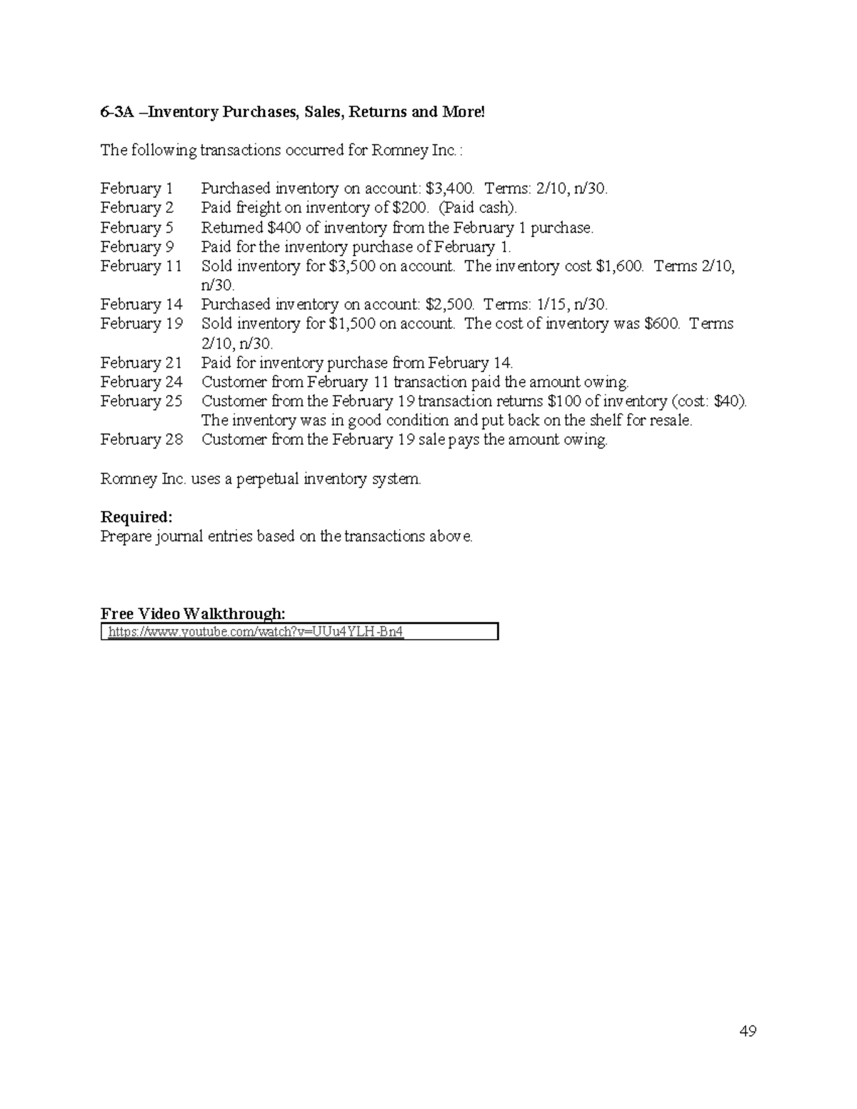 Assignment # 3 - 49 6-3A – Inventory Purchases, Sales, Returns and More ...