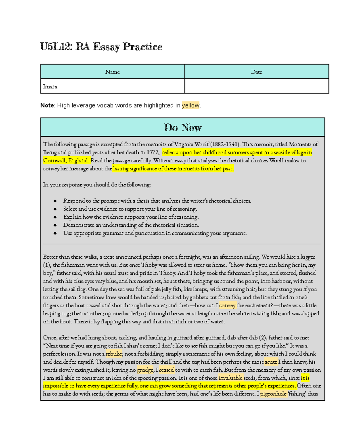 Rhetorical Analysis Essay Practice - U5L12: RA Essay Practice Name Date ...