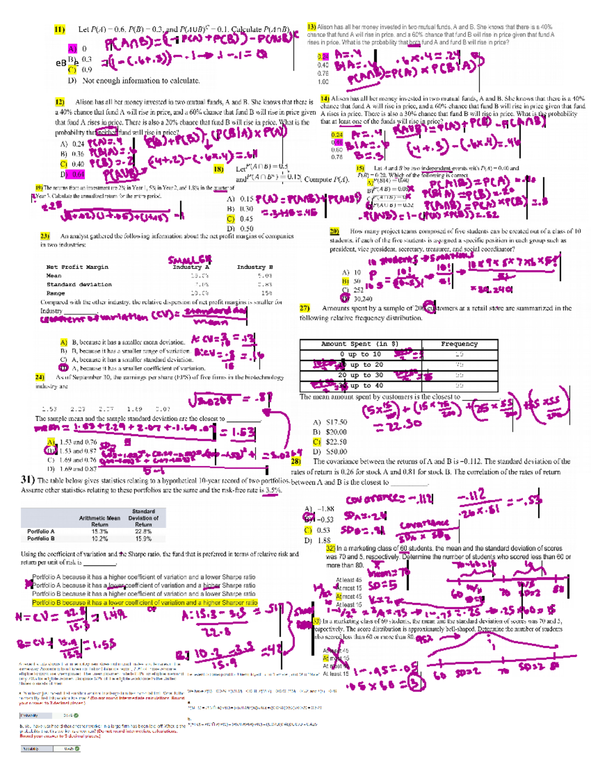 Review Bstat - notes - 11) Let P(A) 0, P(B) 0. P(AUB)C 0. Calculate P ...