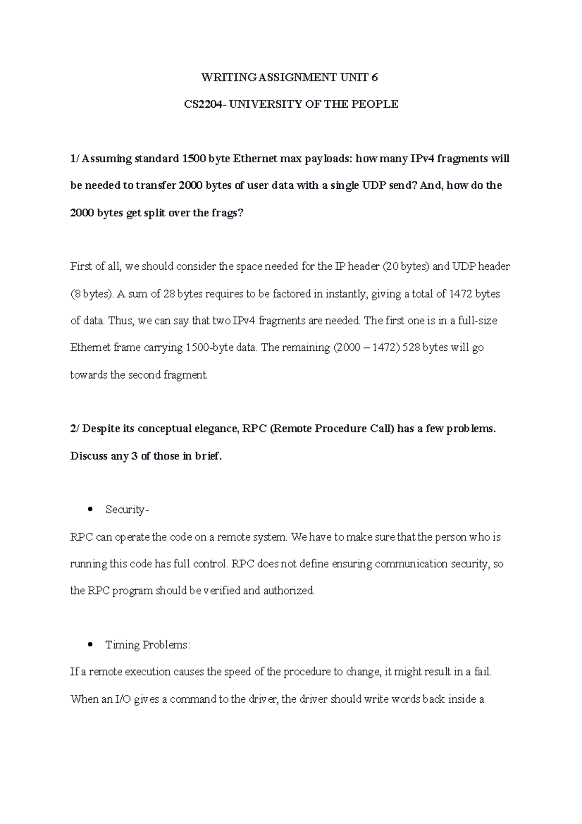 Writing Assignment UNIT 6 - WRITING ASSIGNMENT UNIT 6 CS2204- UNIVERSITY OF THE PEOPLE 1 ...