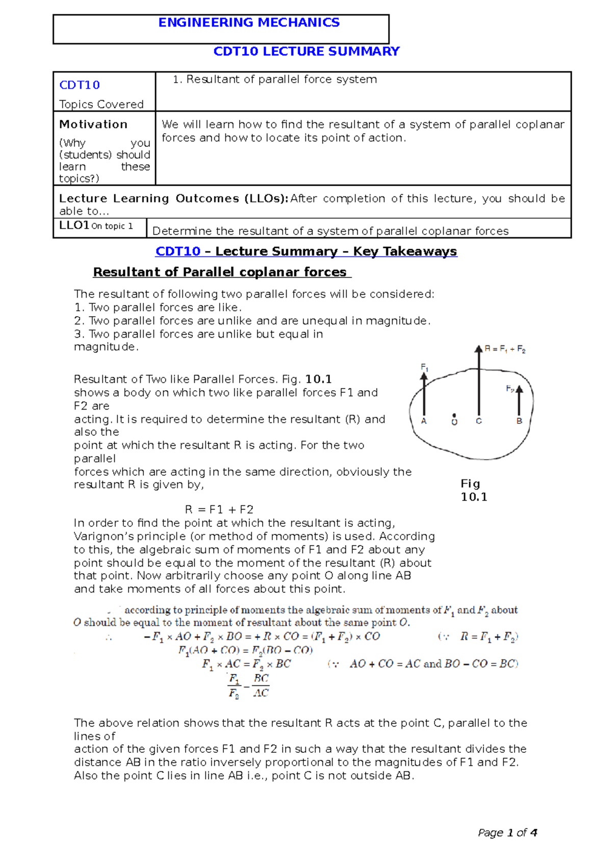 EM CDT10 WEEK3 2021-22 - topics on Resultant of parallel force system ...
