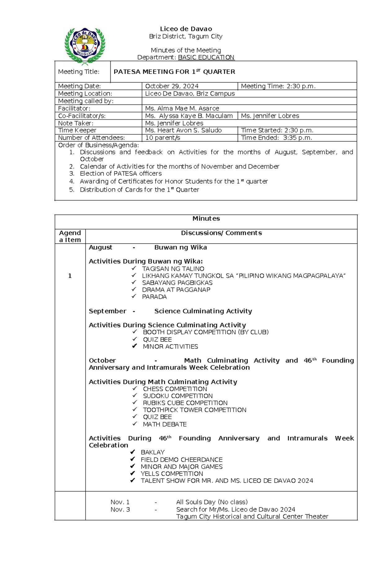 Minutes-format-1 - LECTURE NOTE - Liceo de Davao Briz District, Tagum ...