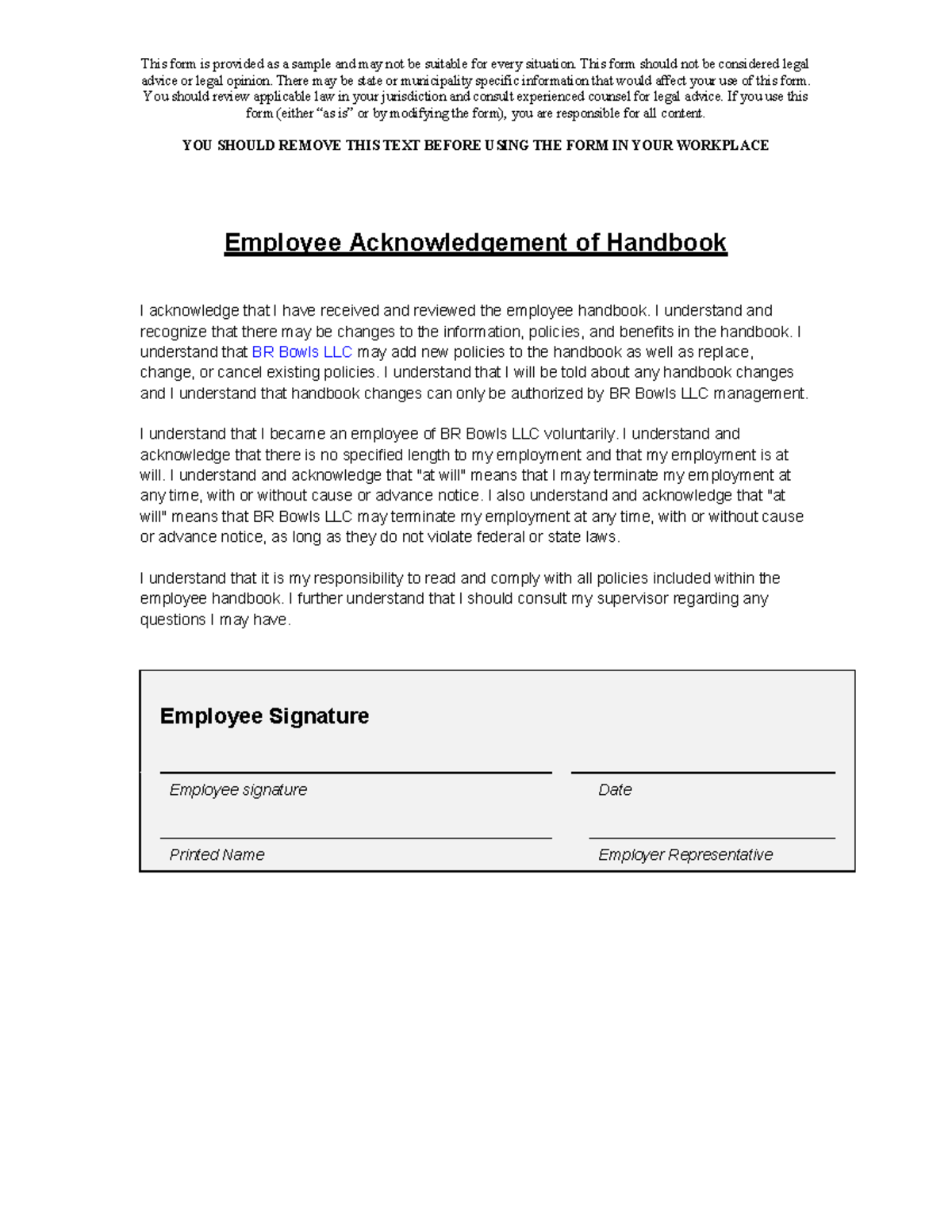 Acknowledgement of handbook - This form is provided as a sample and may ...
