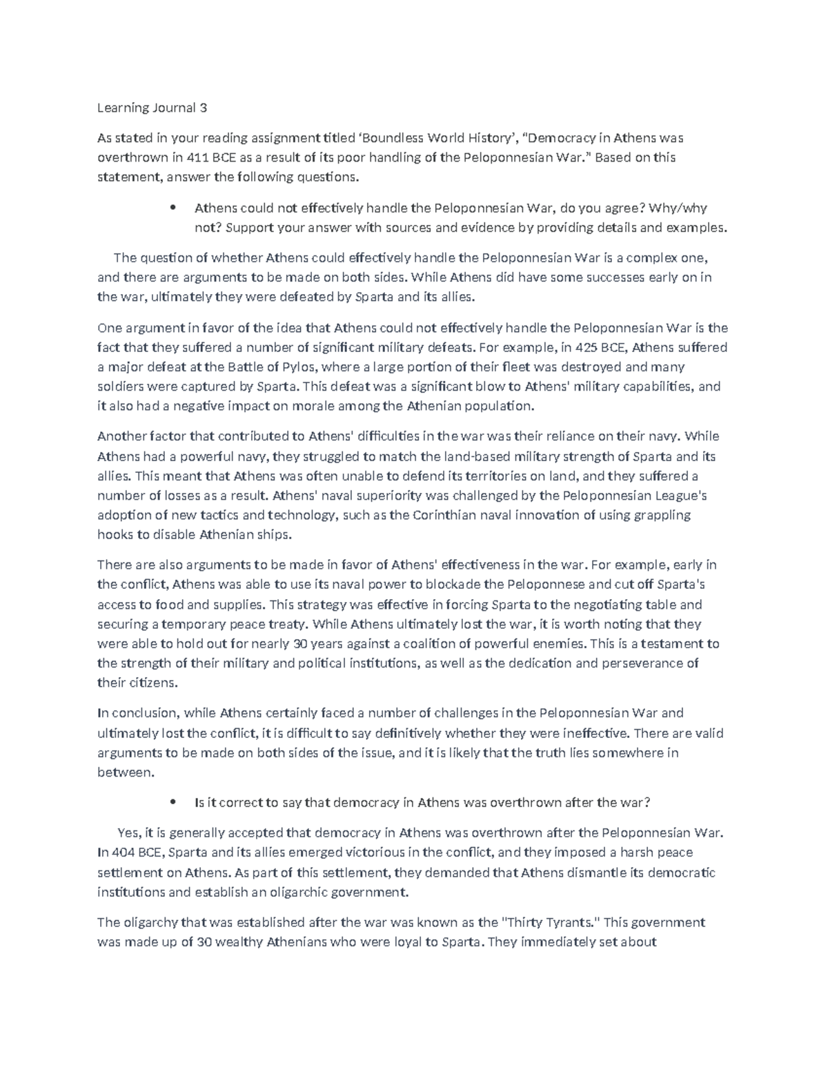 HIST 1421 Learning Journal 3 - Learning Journal 3 As stated in your ...