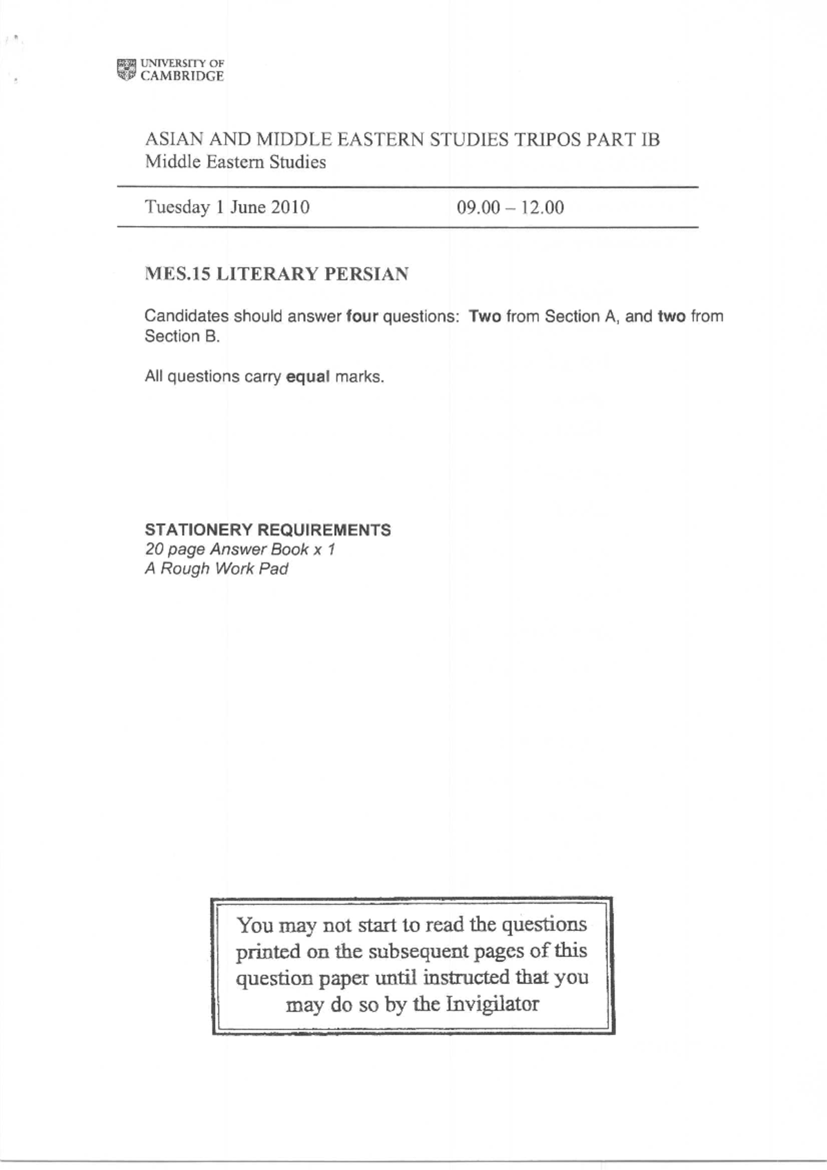 Exam 2010, questions - UNIVERSITY OF CAMBRIDGE ASIAN AND MIDDLE EASTERN ...