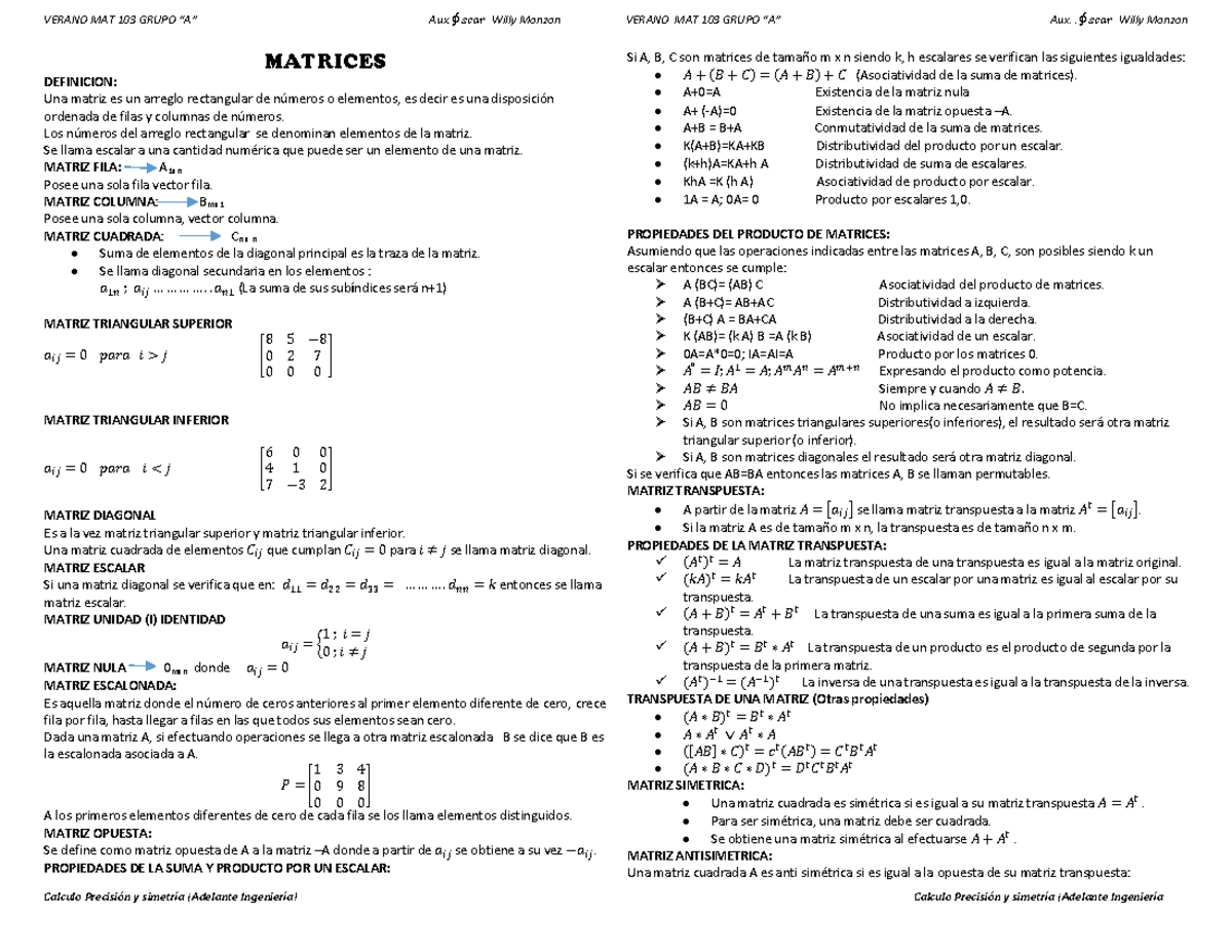 Formulario Algebra Lineal Primer Parcial PAR QUE TE Imprimas - MATRICES ...