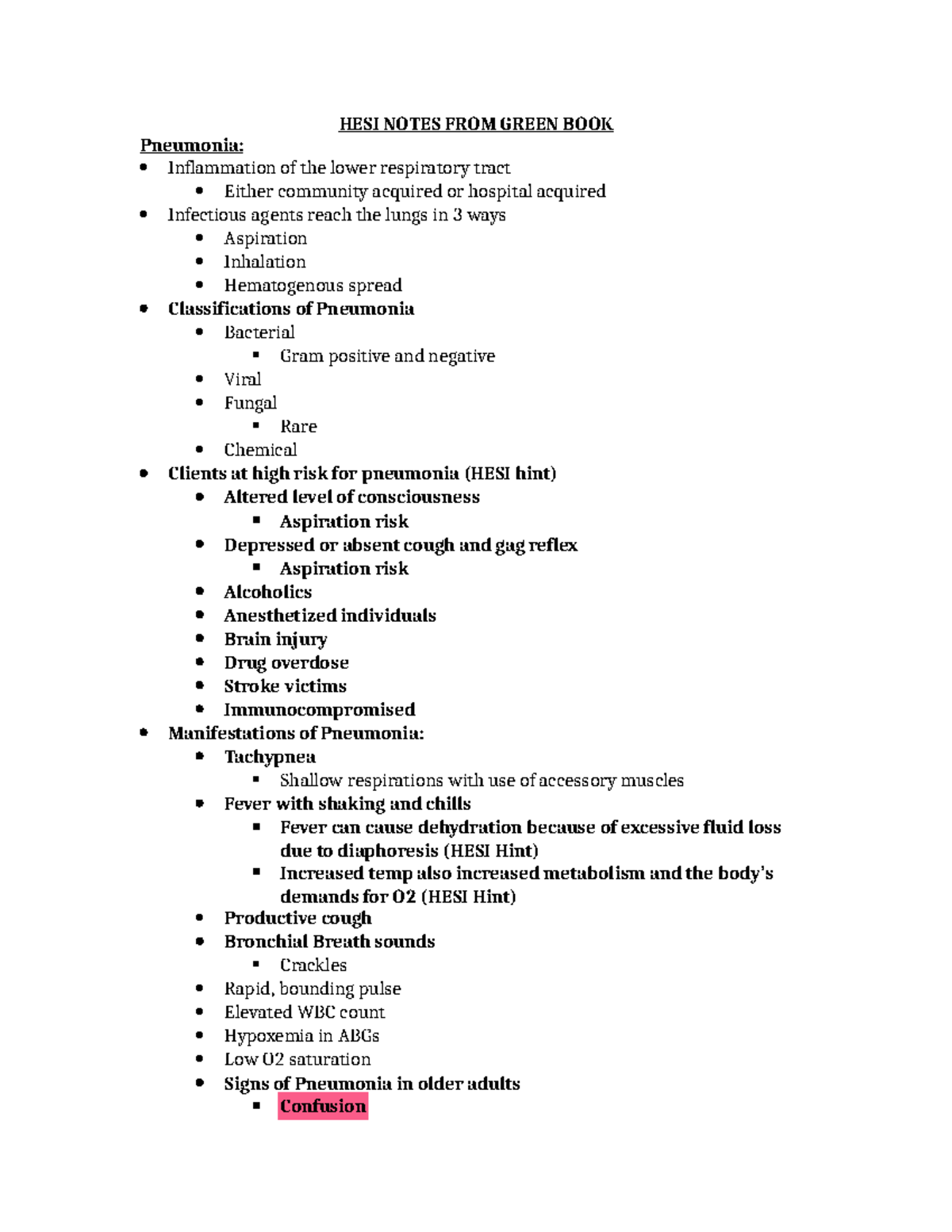 HESI Notes FROM Green BOOK - HESI NOTES FROM GREEN BOOK Pneumonia ...