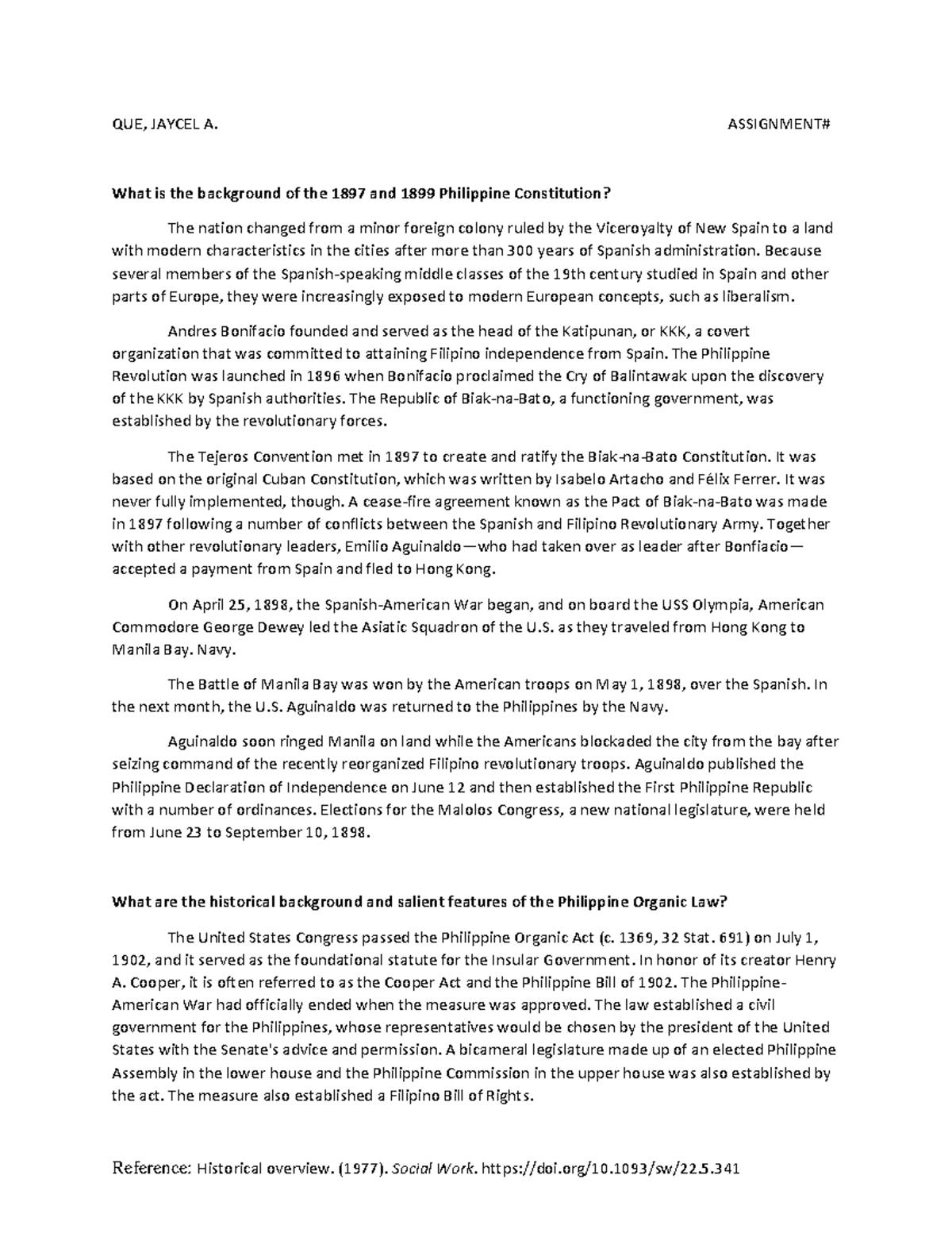 Assign - Reference: Historical overview. (1977). Social Work. doi/10.1093/sw/22.5. QUE, JAYCEL A ...