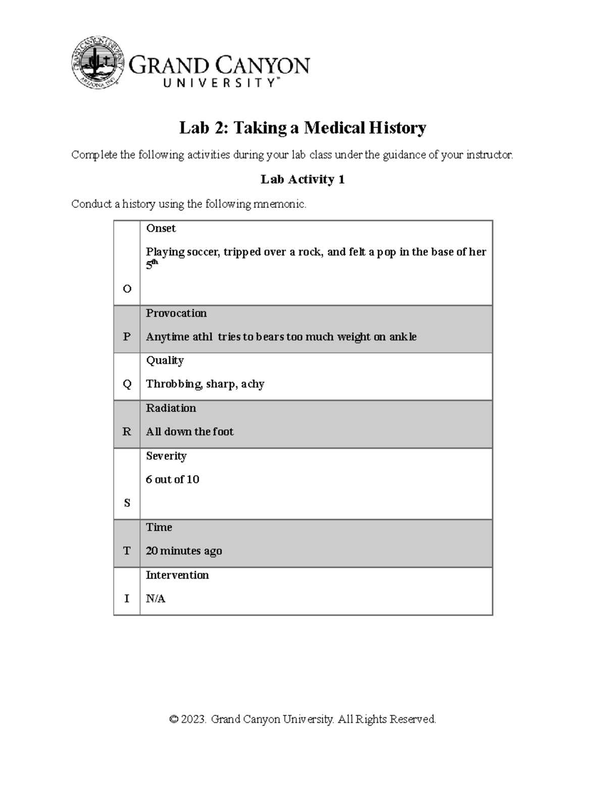 LAB 2- Taking A Medical History - Lab 2: Taking a Medical History ...
