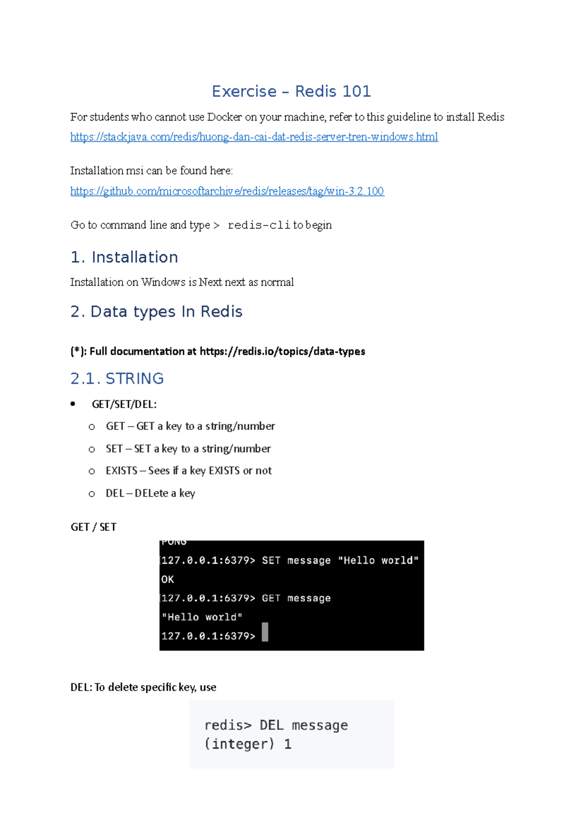 Excercise - ssd - Exercise – Redis 101 For students who cannot use Docker on your machine, refer ...