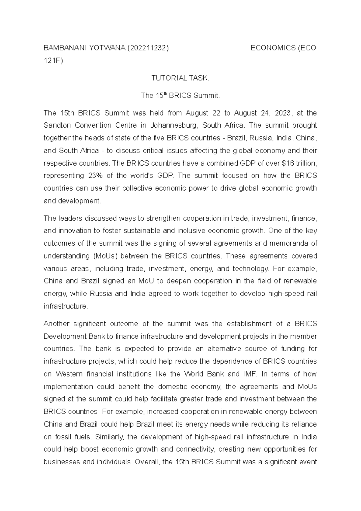ECO Tutorial TASK Bambanani Yotwana (20221 123 2) - BAMBANANI YOTWANA (202211232) ECONOMICS (ECO ...