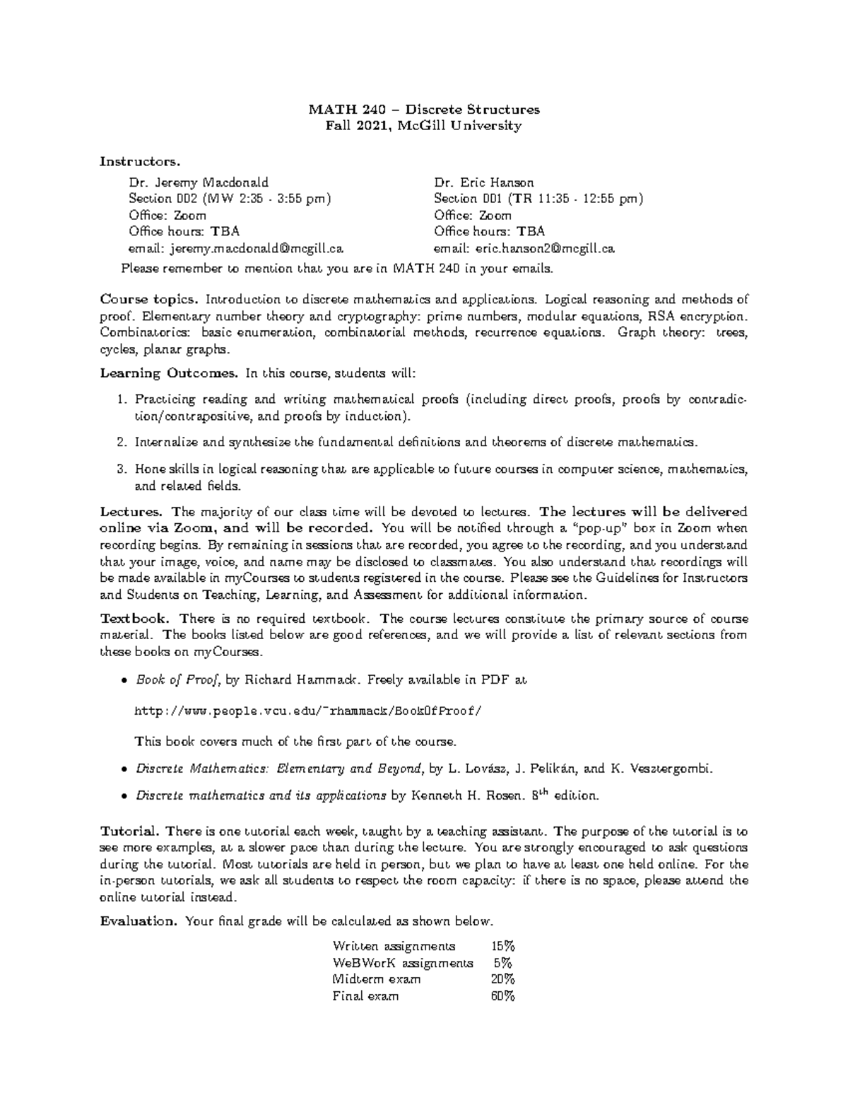 MATH 240 Fall 2021 Syllabus - MATH 240 – Discrete Structures Fall 2021 ...