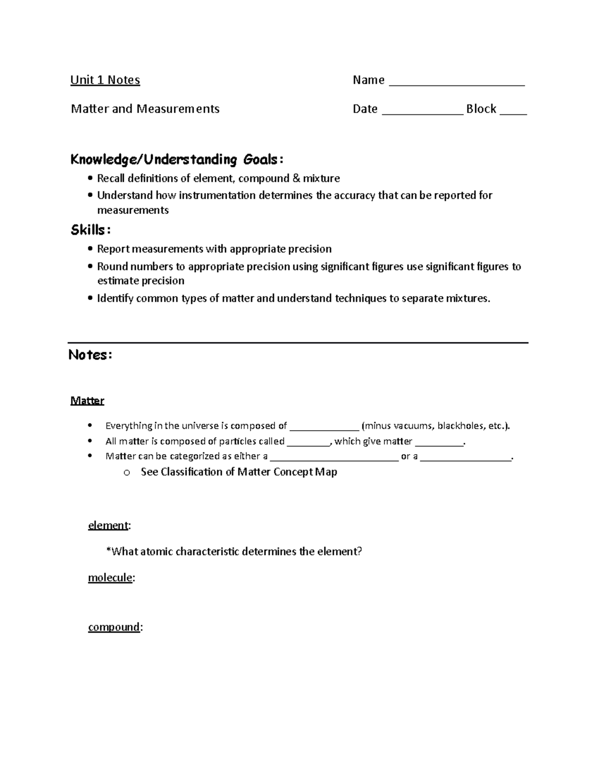 Unit 1 notes - handout - Unit 1 Notes Name ____________________ Matter ...