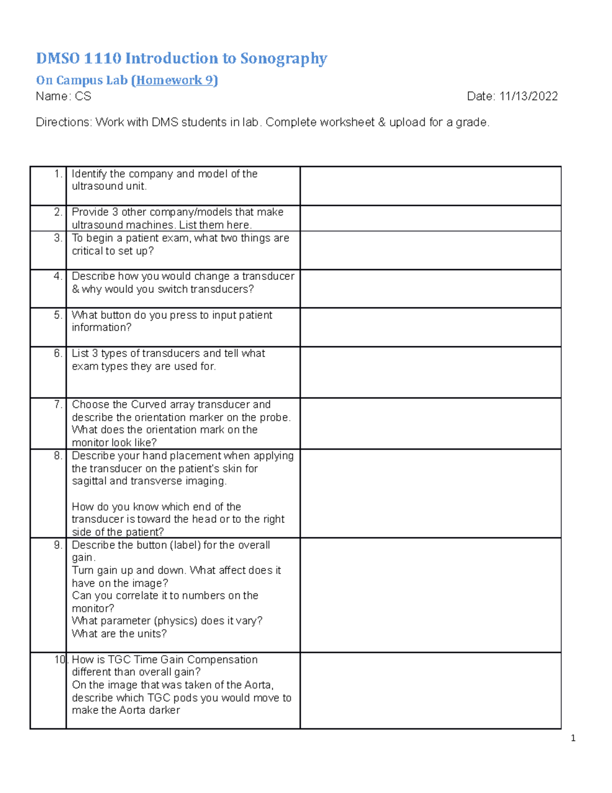 DMSO 1110 Lab Activity - DMSO 1110 Introduction to Sonography On Campus ...