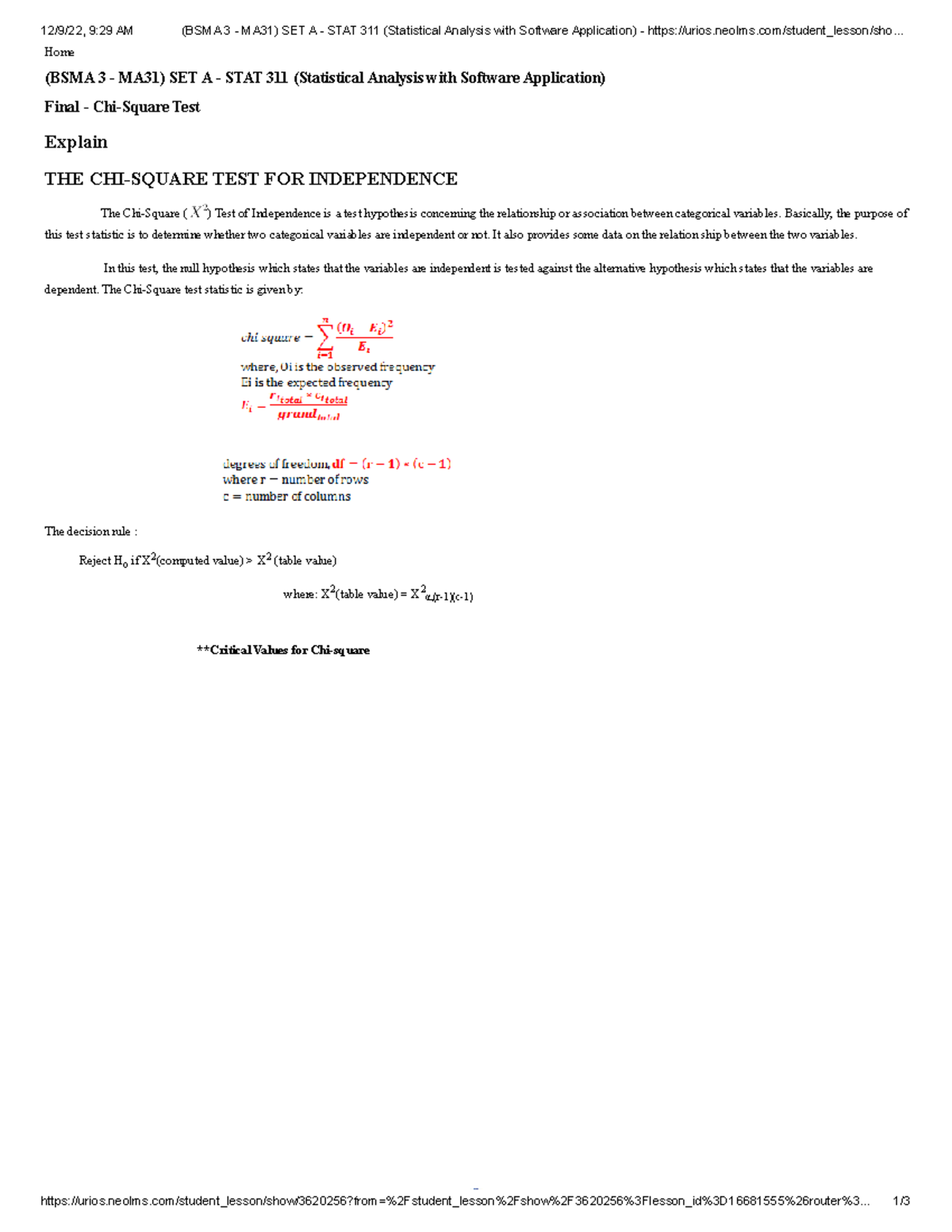 Chi-square test - It is a lecture notes about Chi-square test - 12/9/22 ...