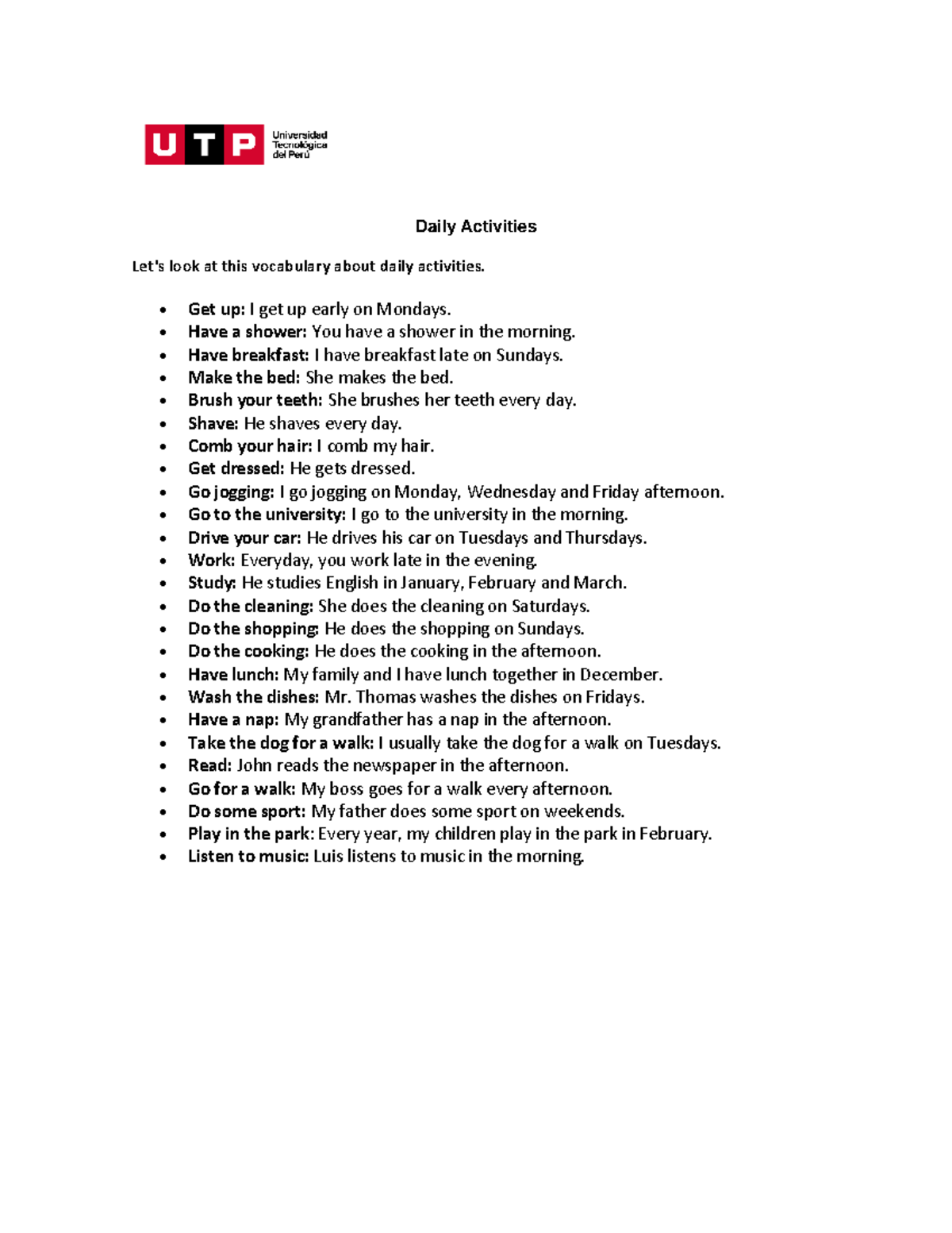 PDF - Daily activities - apuntes de la rutina diaria - Ingles I - UTP ...