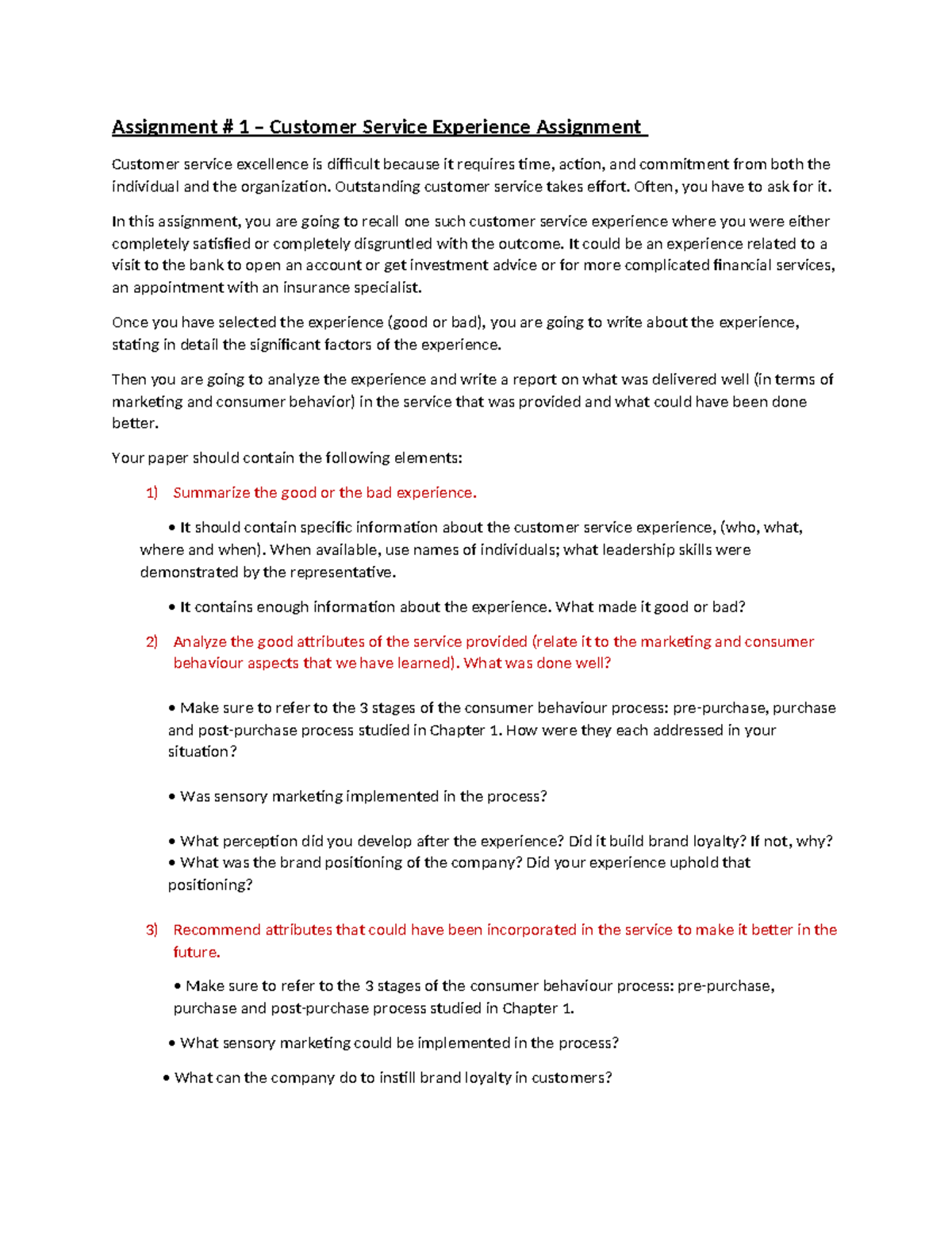 Assignment # 1- Customer Service Experience - Assignment # 1 – Customer ...