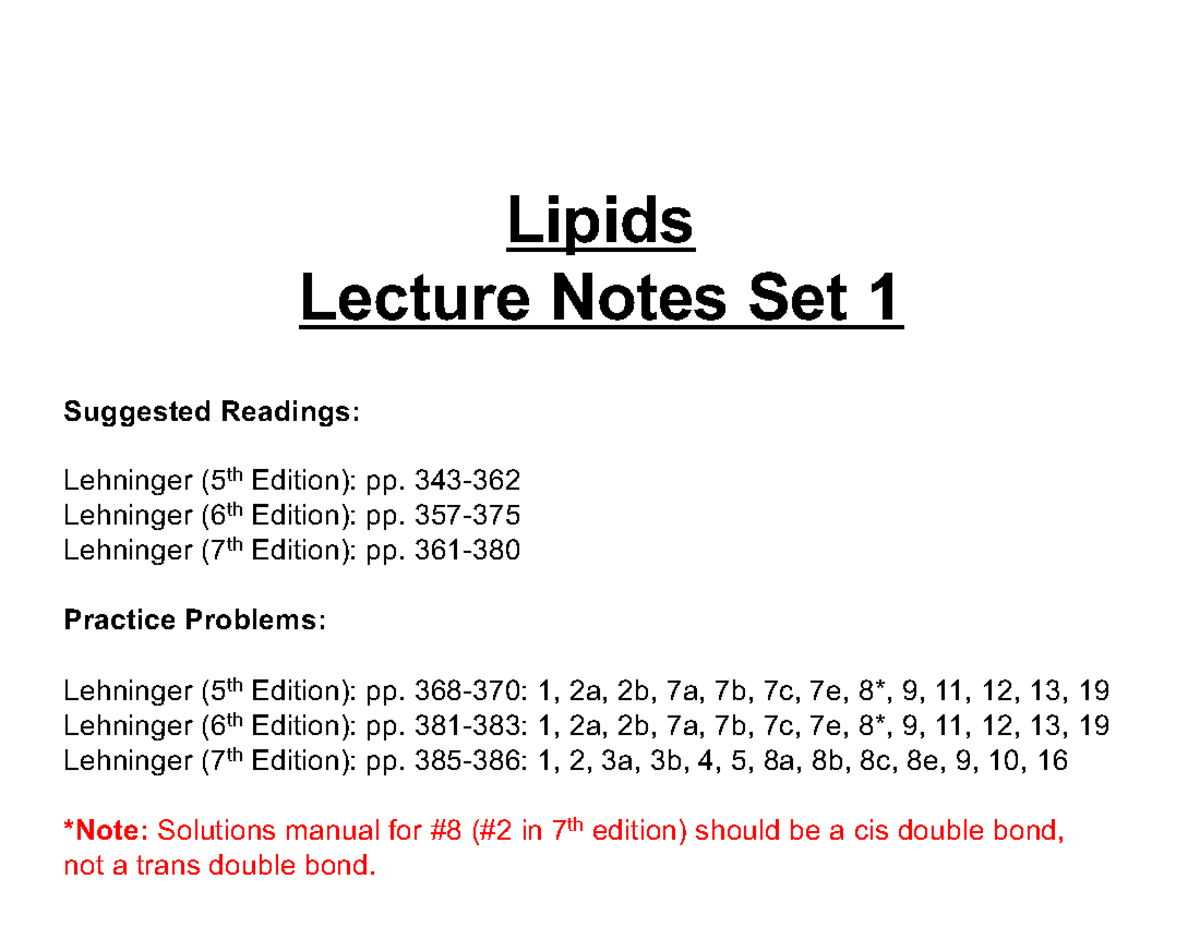 Set 1 Lipids - Lipids Lecture Notes Set 1 Suggested Readings: Lehninger ...