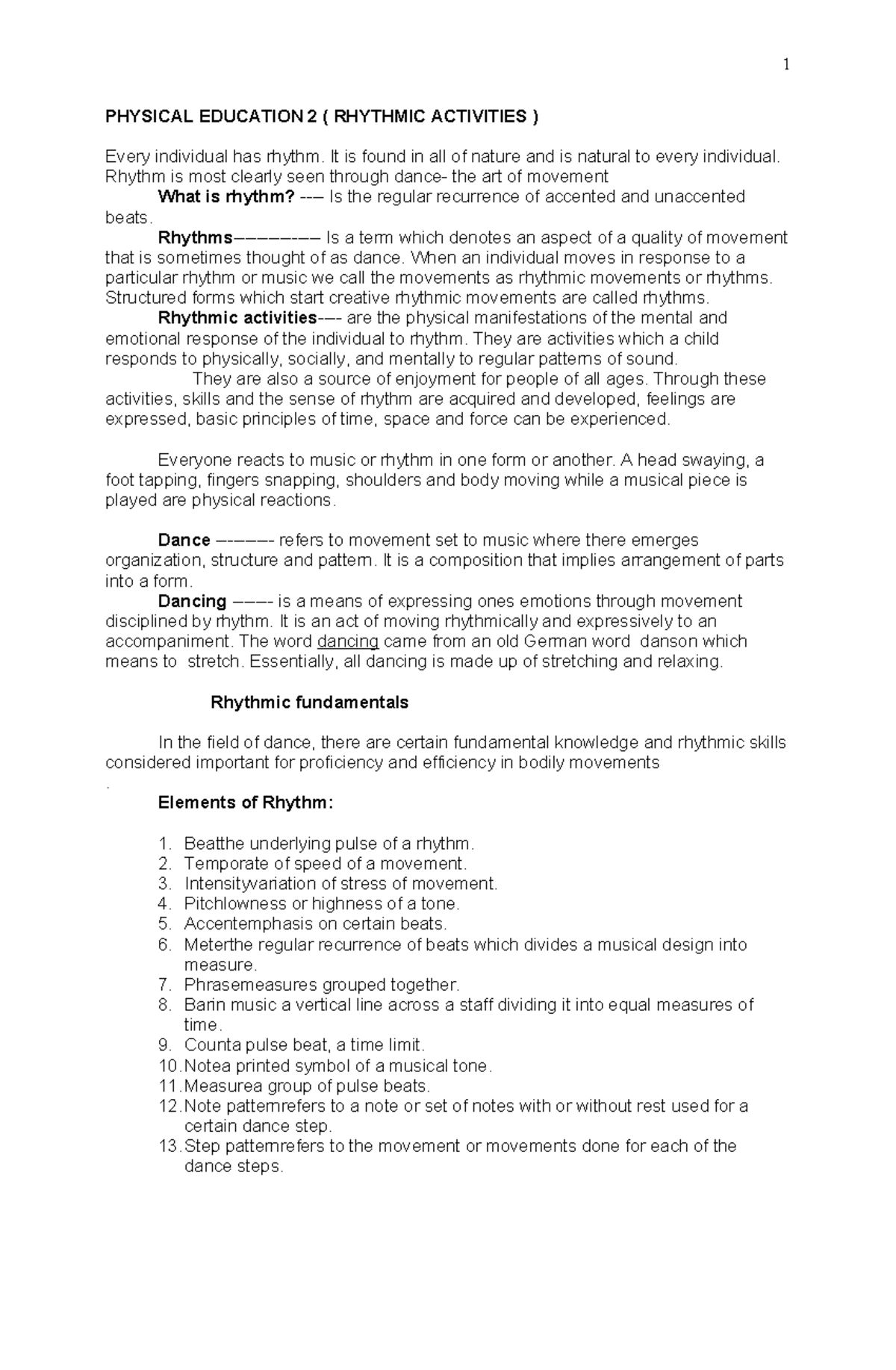 Pe 2 notes - A lecture note about dance - PHYSICAL EDUCATION 2 ...