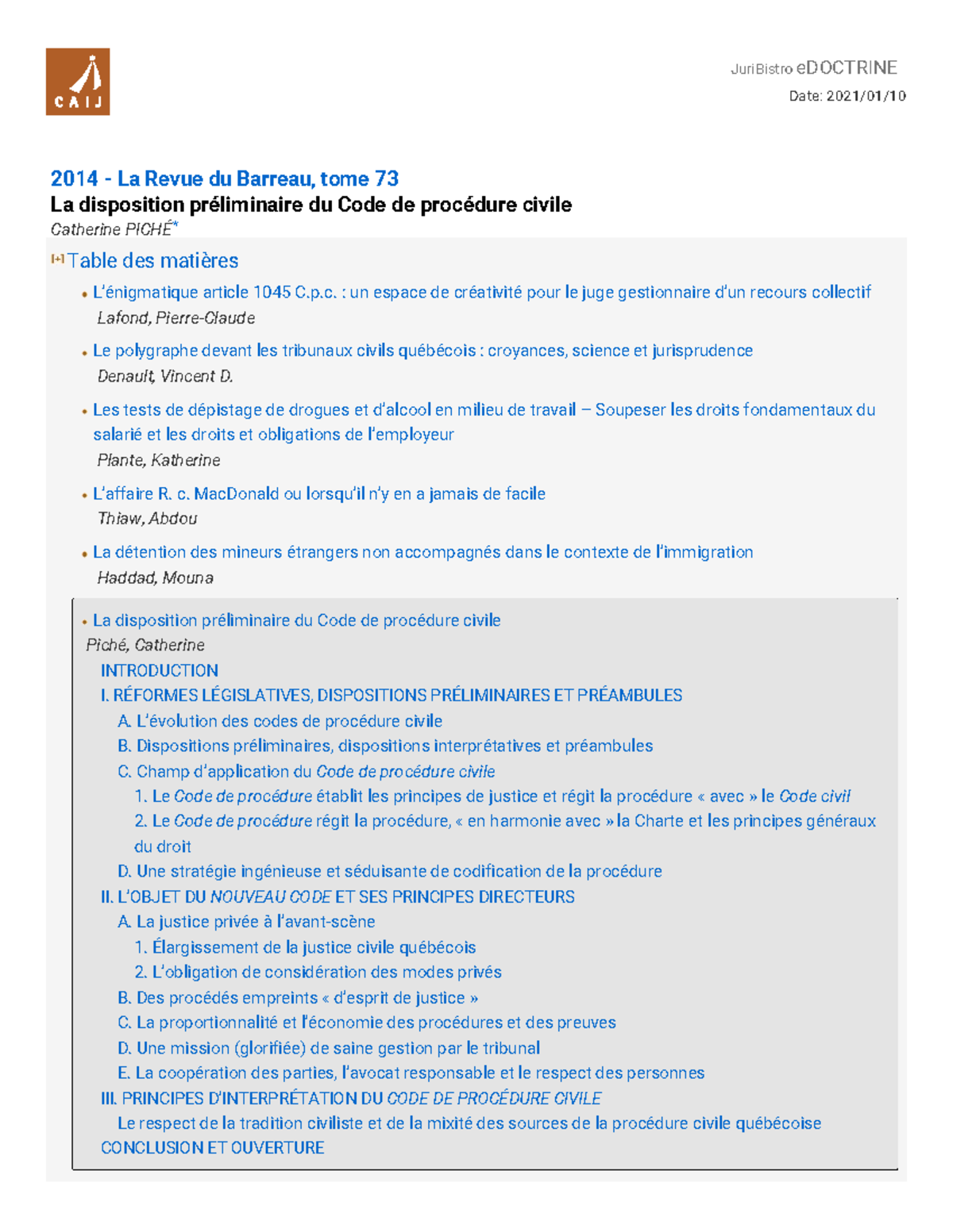 La disposition préliminaire du Code de procédure civile - Date: 2021/01 ...