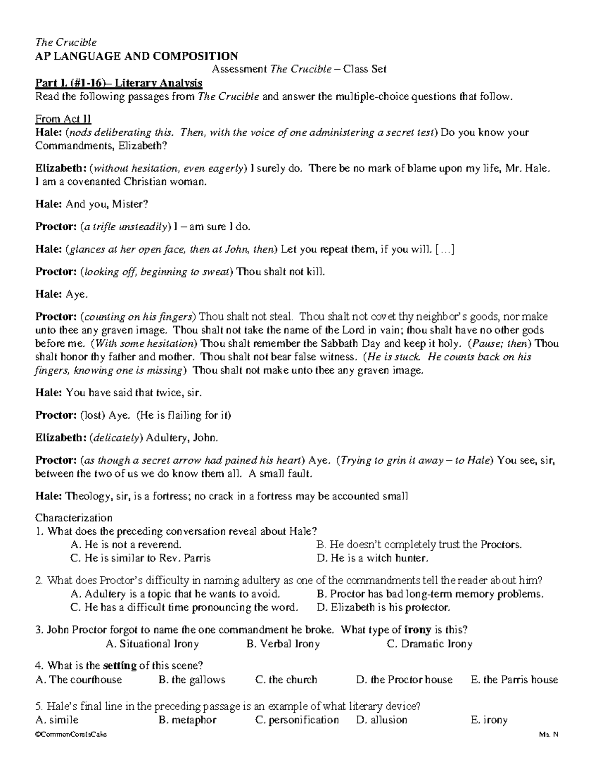 Crucible unit test ap - AP LANGUAGE AND COMPOSITION Assessment The ...