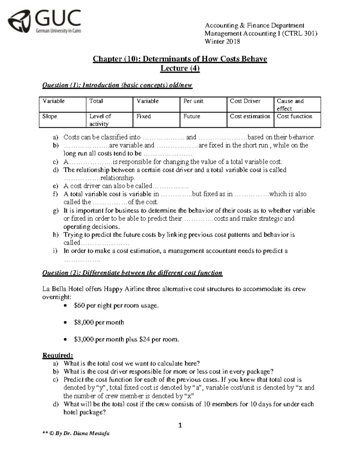 Lecture 4 sheet - Accounting & Finance Department Management Accounting ...