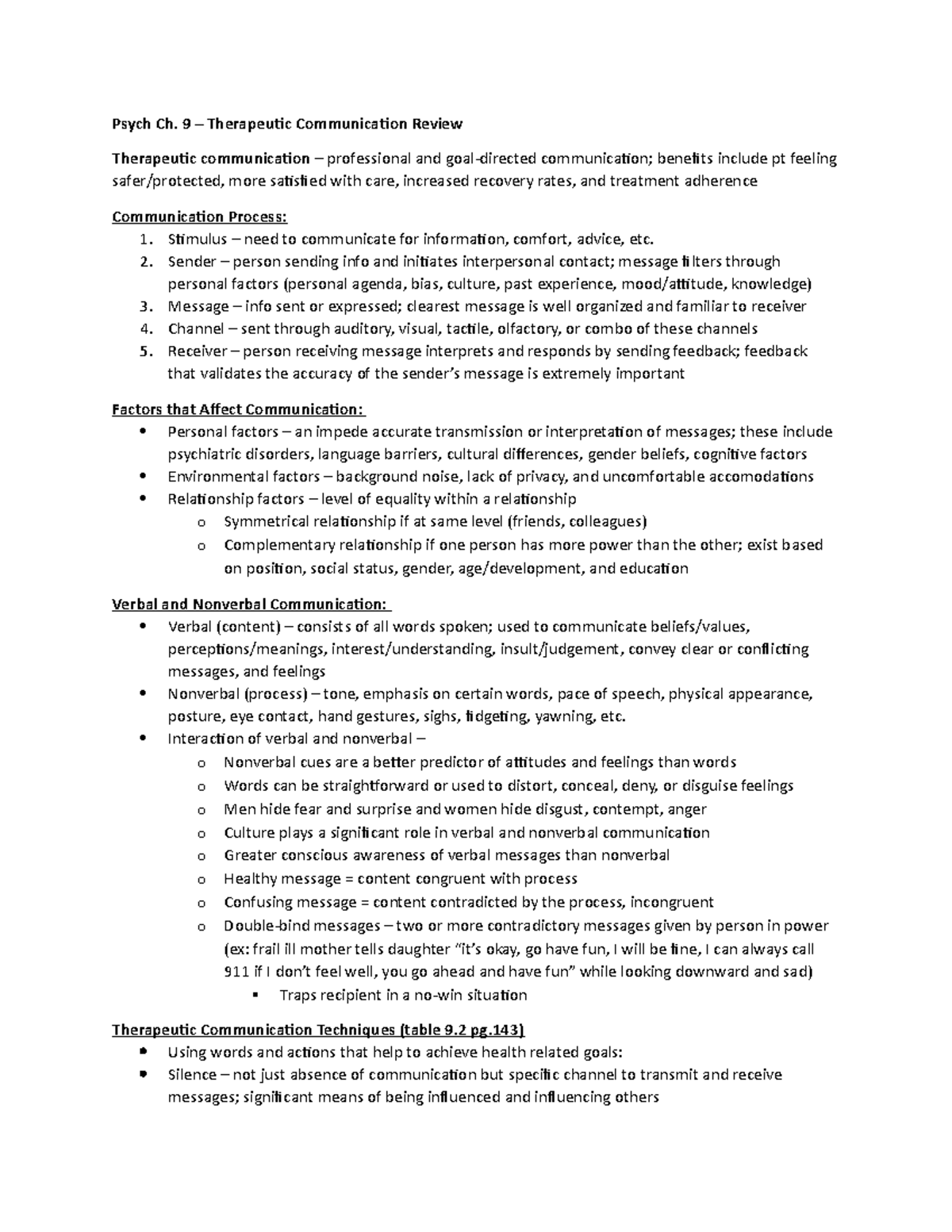 Ch. 9 Review outline - Psych Ch. 9 – Therapeutic Communication Review ...