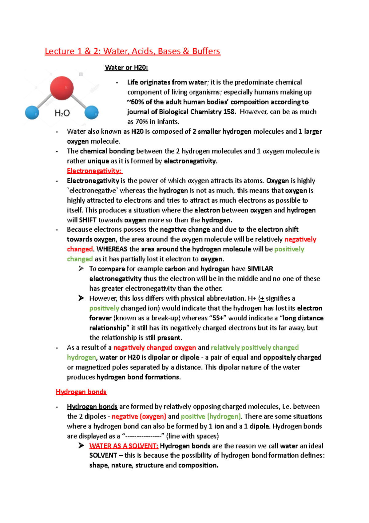 Life Science 1 - Water, Acids, Bases and Buffers Notes - Lecture 1 & 2 ...
