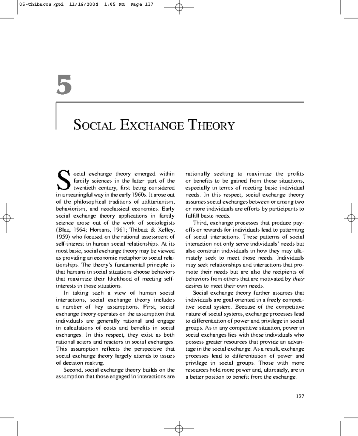4993 Chibucos Chapter 5 - 5 SOCIAL EXCHANGE THEORY ####### 137 S ocial ...