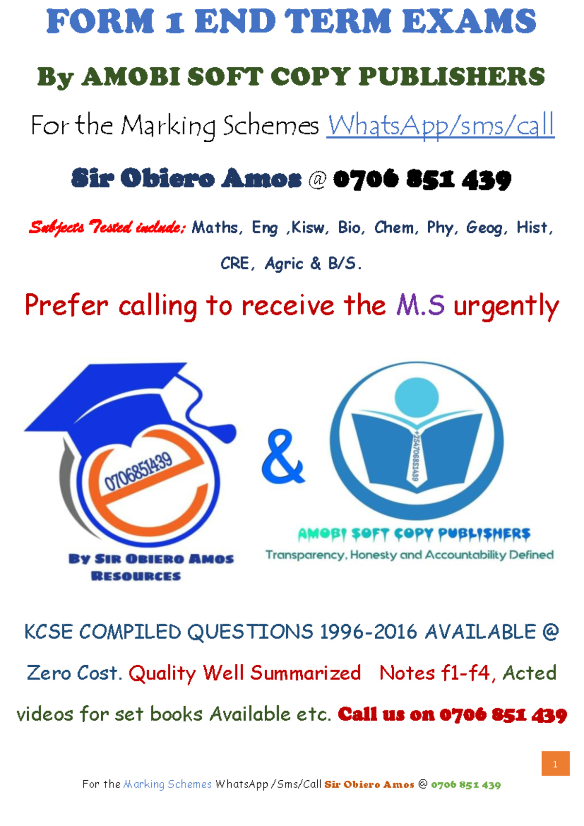 1588163708 FORM ONE Exams ALL Subjects - 1 FORM 1 END TERM EXAMS By ...