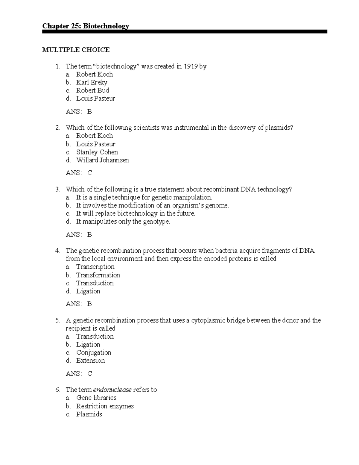Micro Ch. 25 - practice questions - Chapter 25: Biotechnology MULTIPLE ...