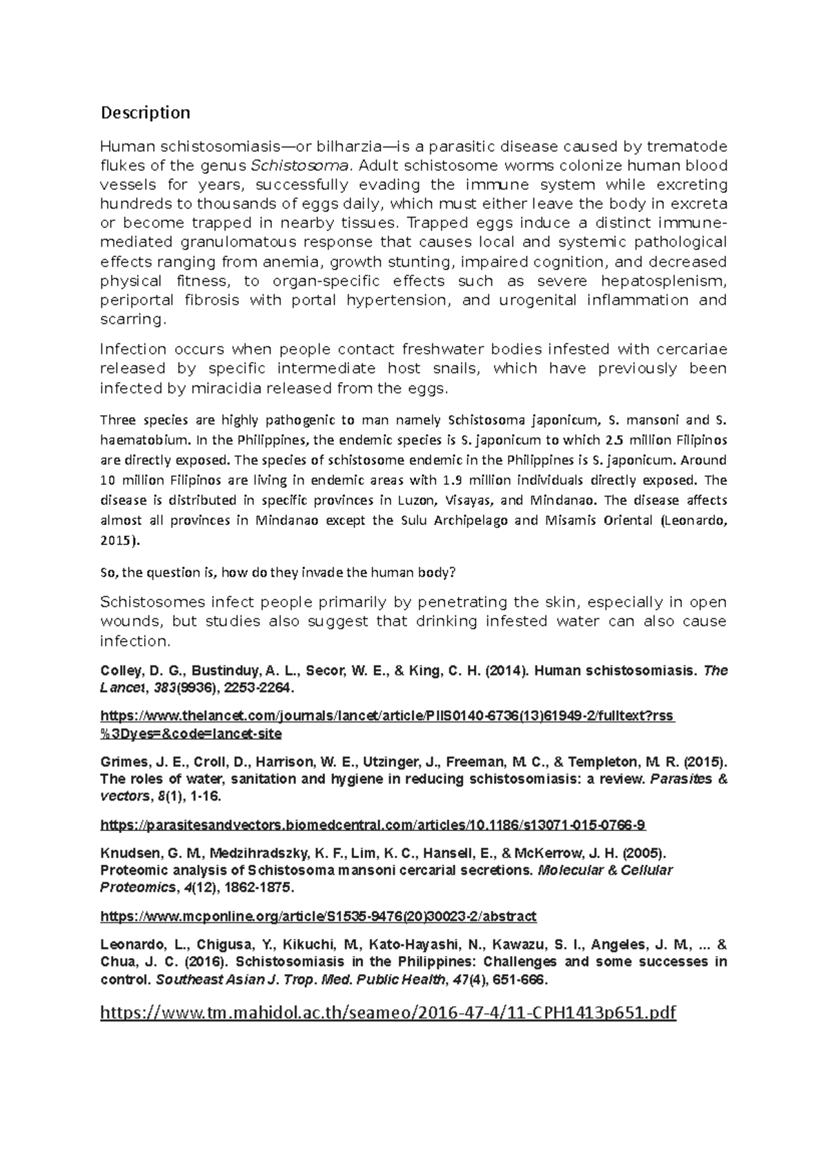 Schistosomiasis - Report - Description Human schistosomiasis—or ...