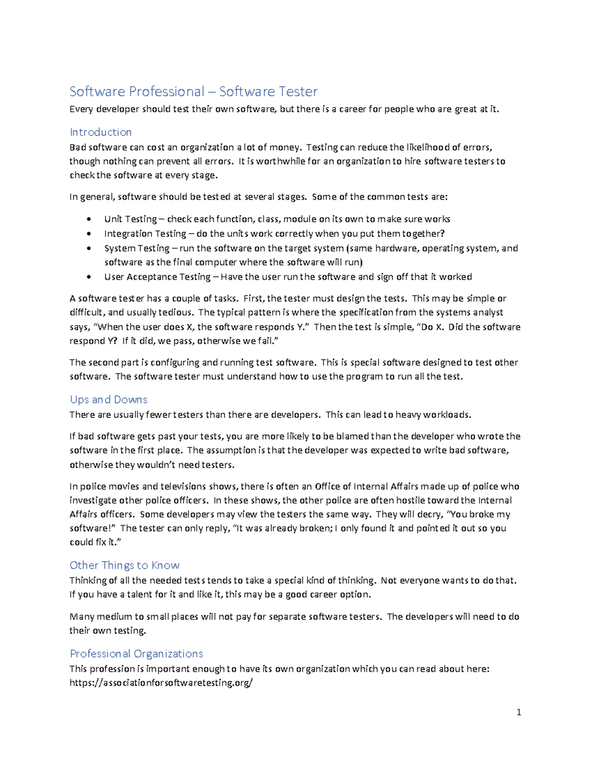 Software Professional Software Tester - 1 Software Professional ...