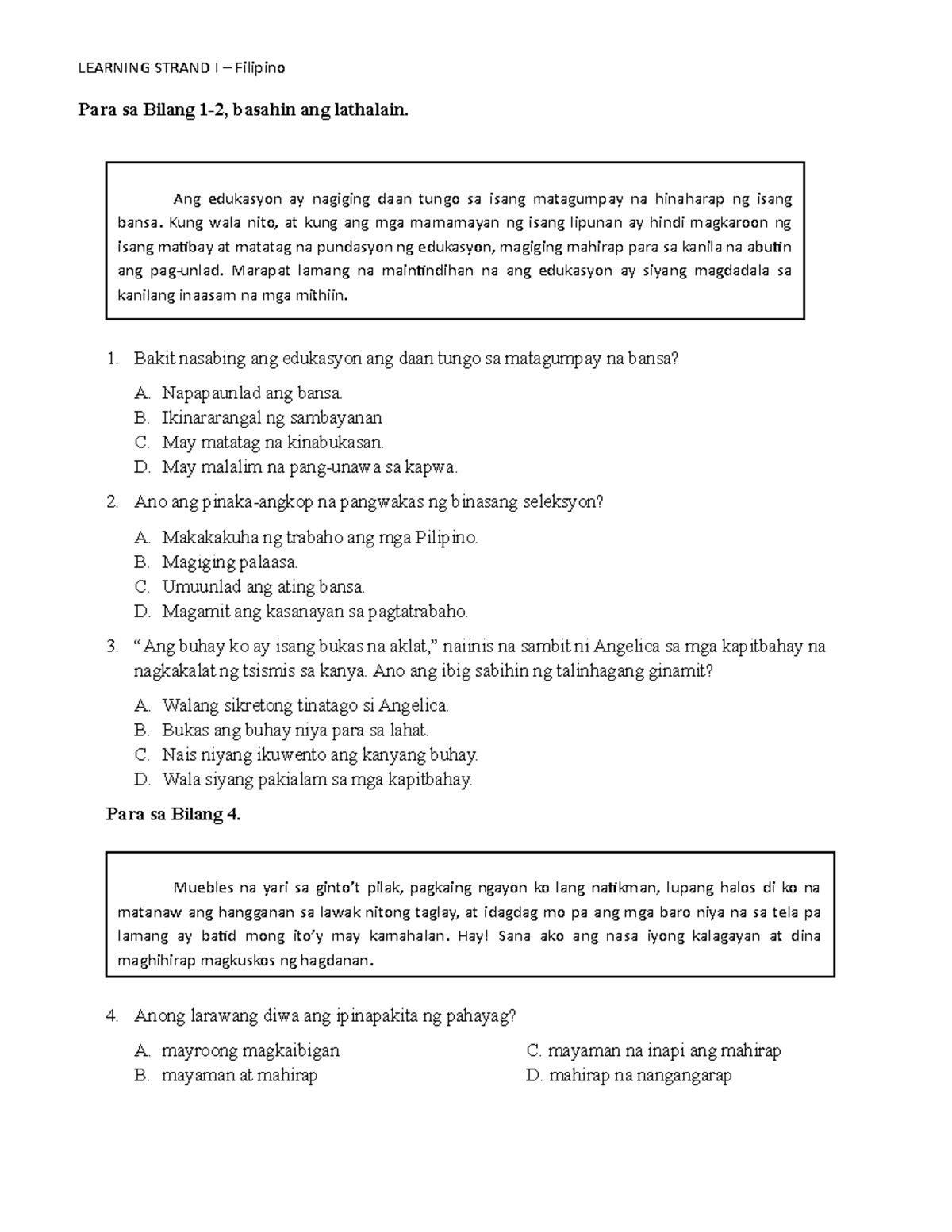 Filipino 101 Panitikan at Wika - Para sa Bilang 1-2, basahin ang ...