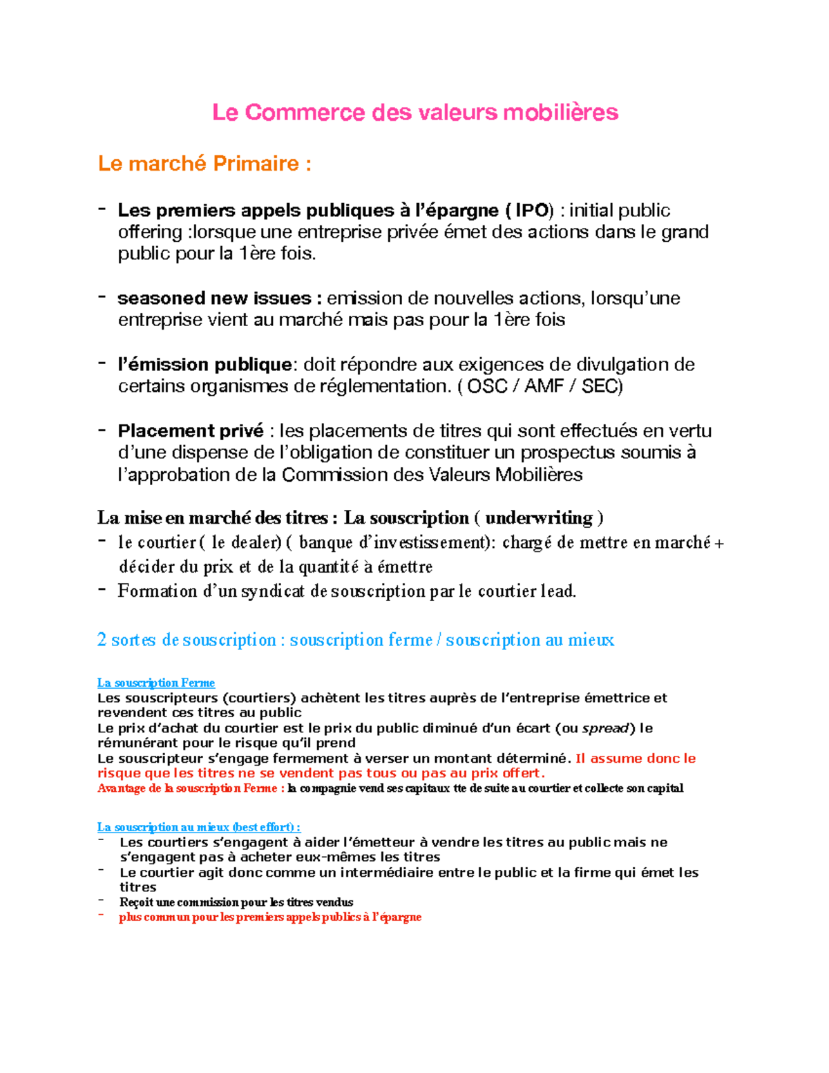 Séance 7 fiche - Le Commerce des valeurs mobilières Le marché Primaire ...