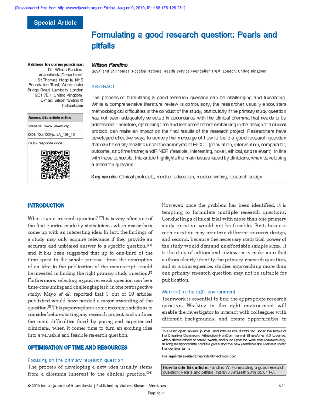 Formulating a good research question Pearls and pi - © 2019 Indian ...