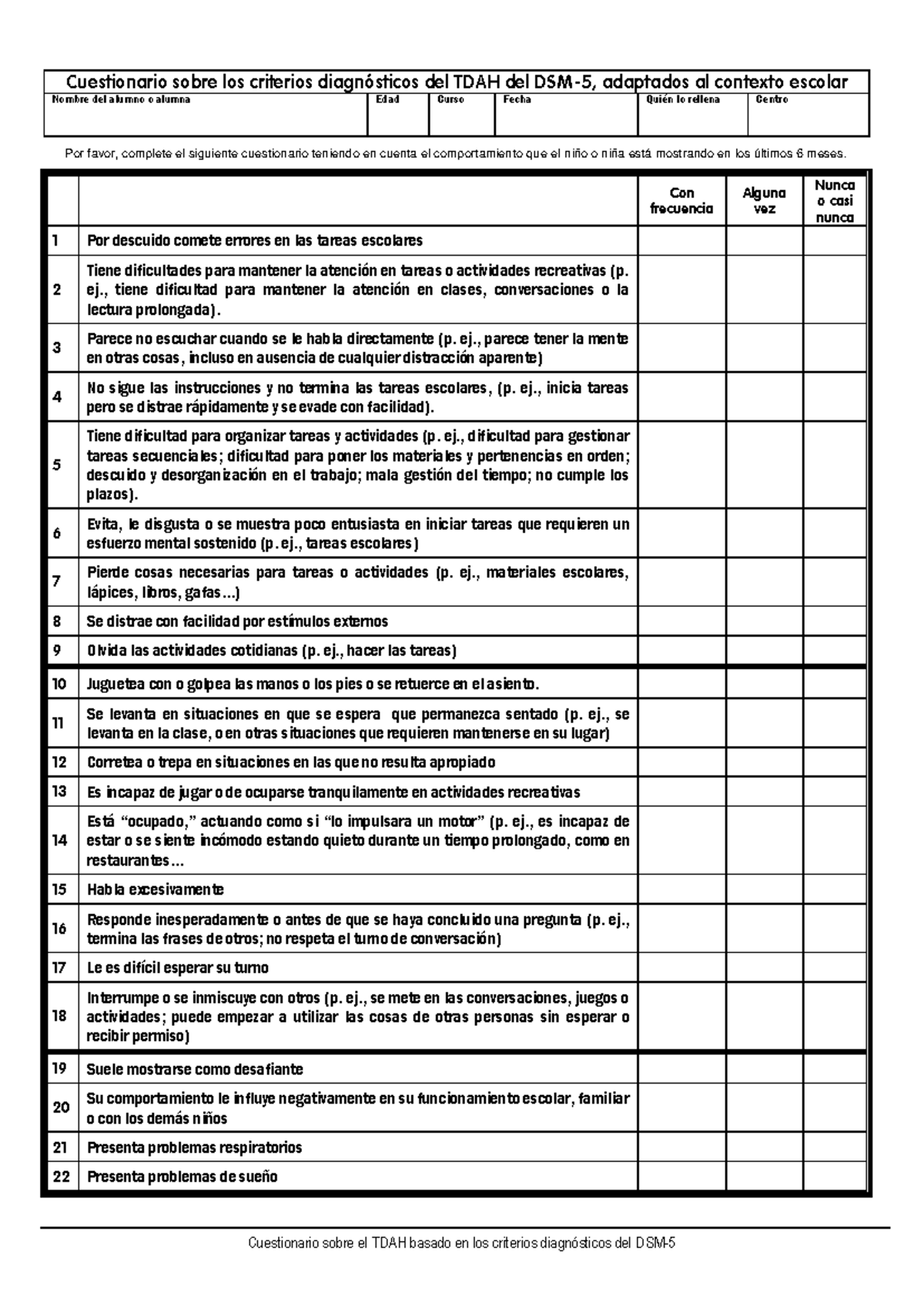 11 Cuestionario sobre los criterios diagnósticos del TDAH del DSM 5(1 ...