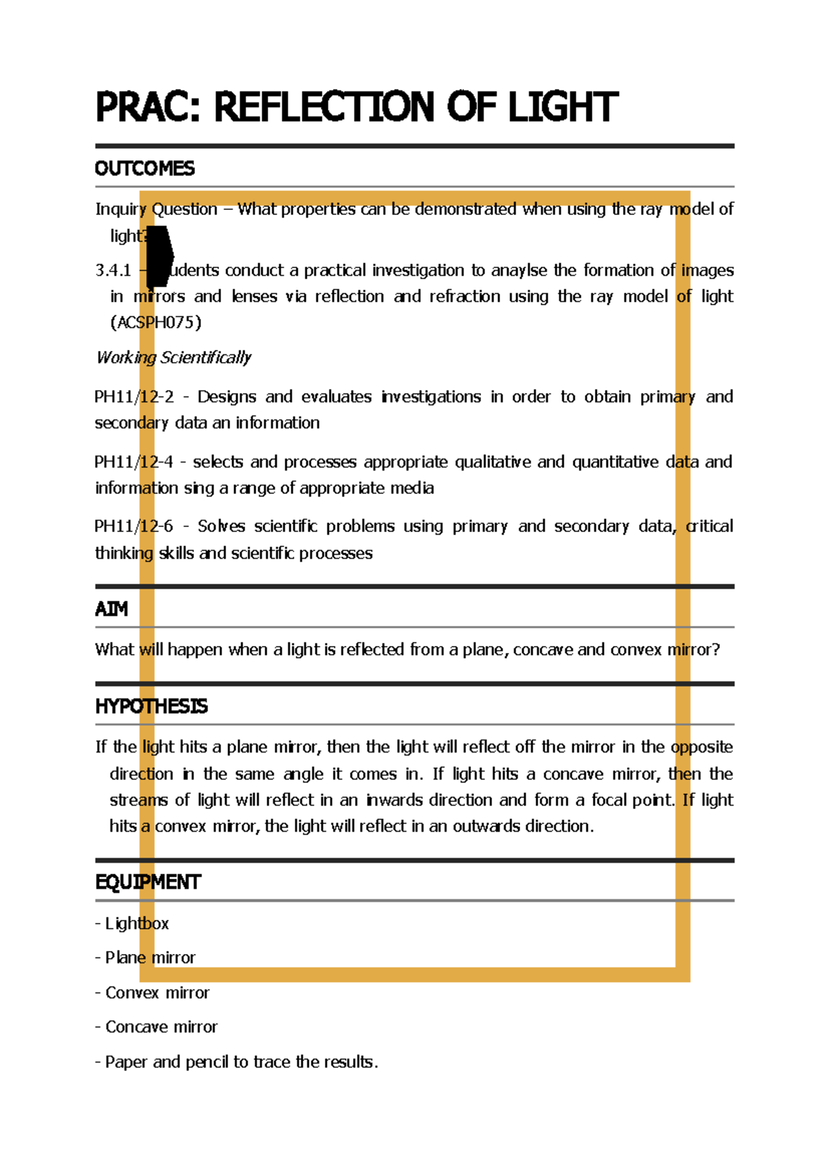 Mirrors Experiment - PRAC: REFLECTION OF LIGHT OUTCOMES Inquiry ...