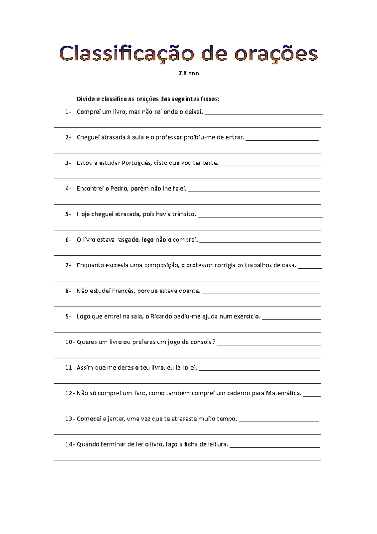 Ficha orações - 7 orações subordinadas e coordenadas - 7.º ano Divide e ...